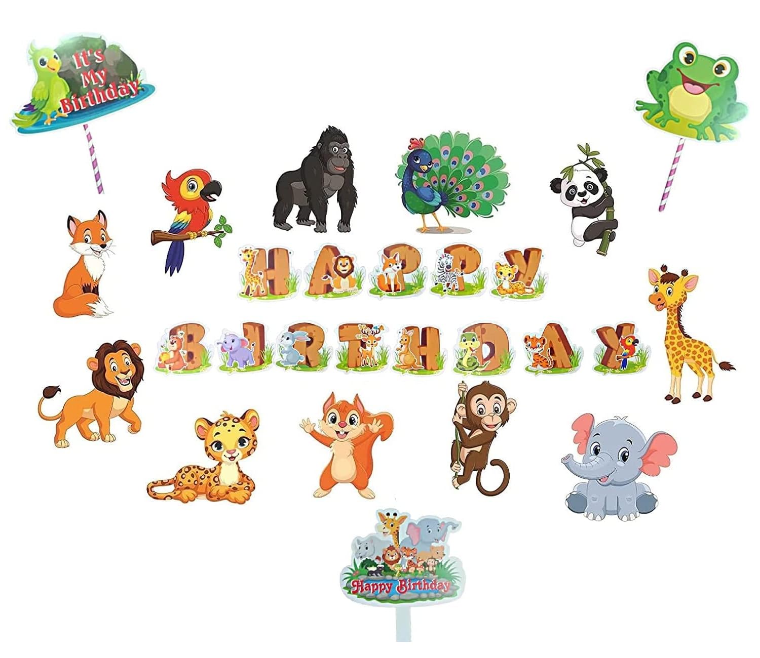Buy FI - FLICK IN 16 pcs Happy Birthday Animal Banner Animal Figure ...