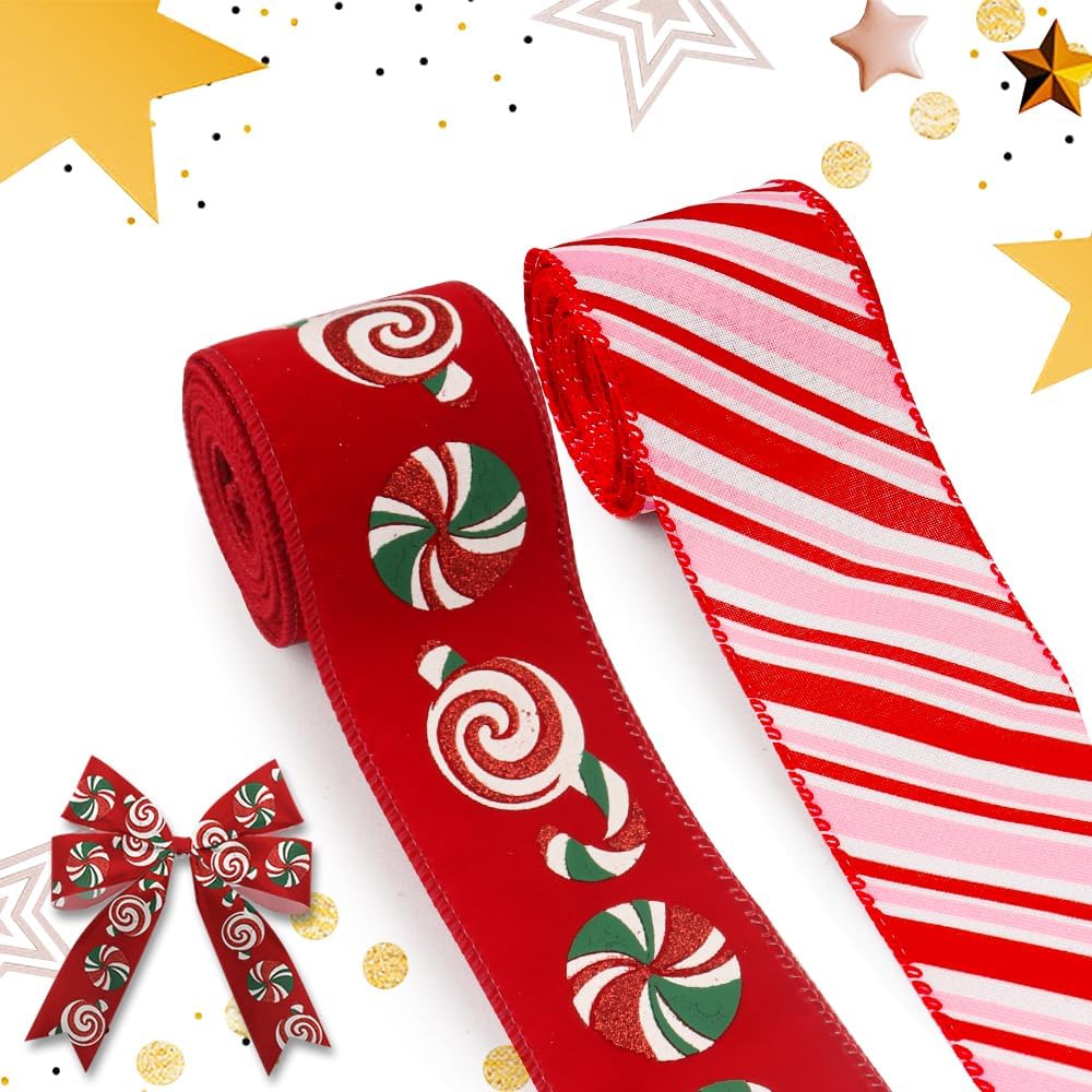 Amazon.com: 2 Rolls Christmas Fabric Ribbon Candy Cane Burlap Linen ...