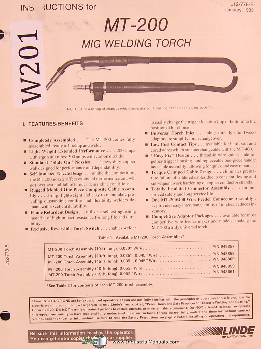 Welding Mt-200 Mig Welding Torch Instructions & Replacement Parts ...