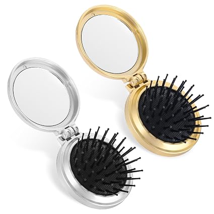 Amazon.com : 2 Pcs Foldable Travel Mirror Hair Brushes Round Folding ...