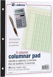 Adams Columnar Analysis Pad, 5 Column Ledger, 8.5" x 11", 100 Pages (50 ...