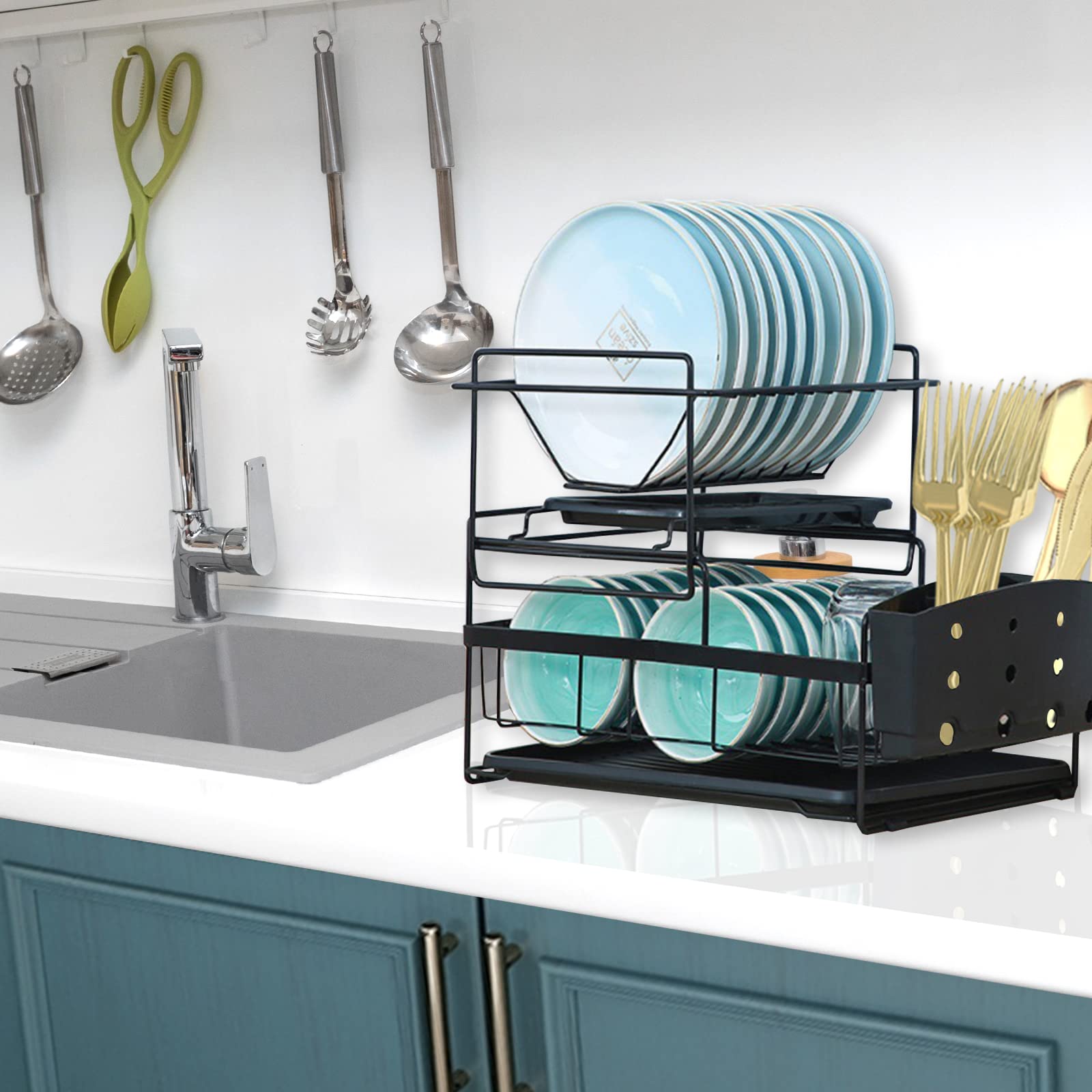 Buy Feibrand Dish Rack Sink Drying: Kitchen Metal Drainer Rack - 2 Tier ...