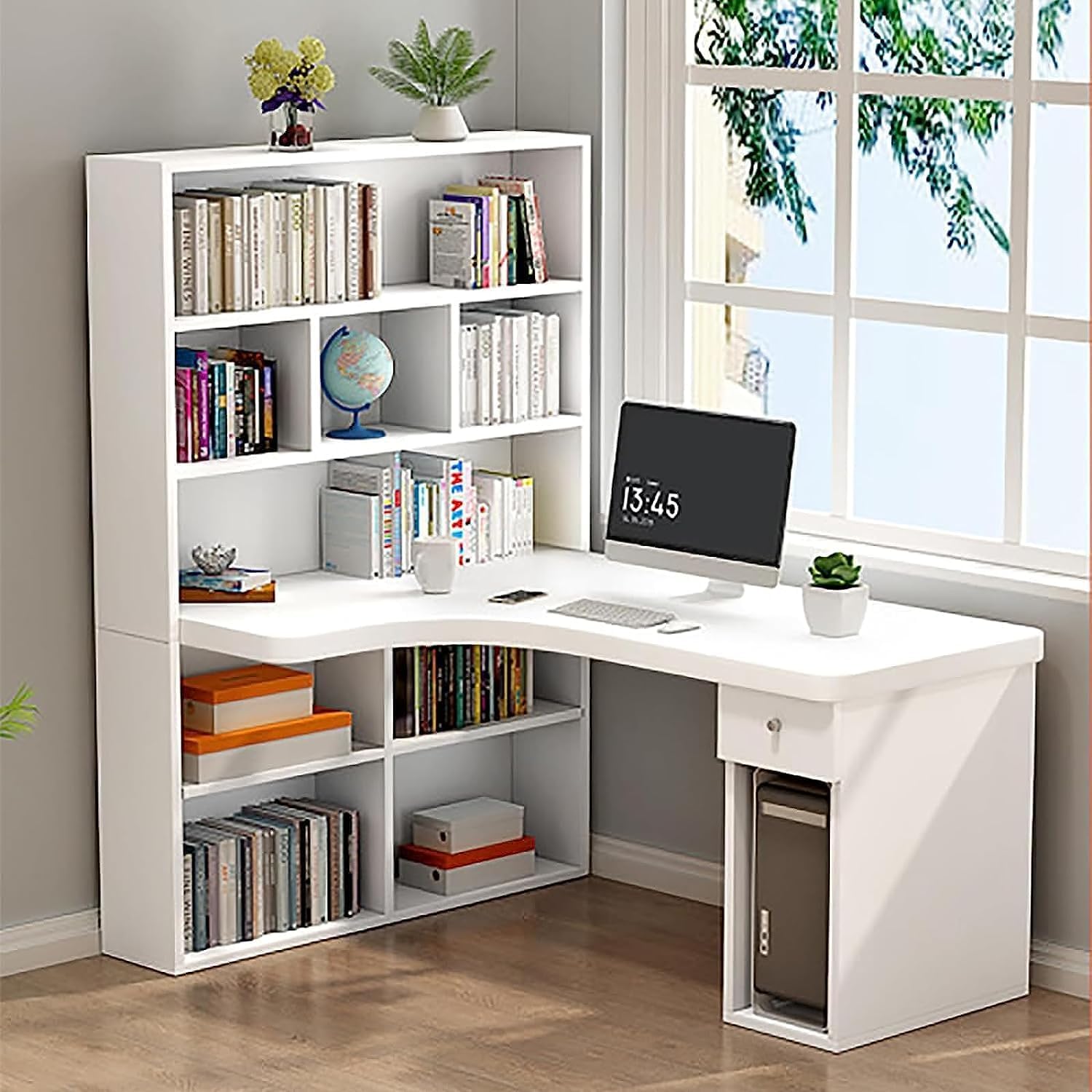 L Shaped Desk with Hutch,Modern Wood L-Shaped Corner Desk with Drawers ...