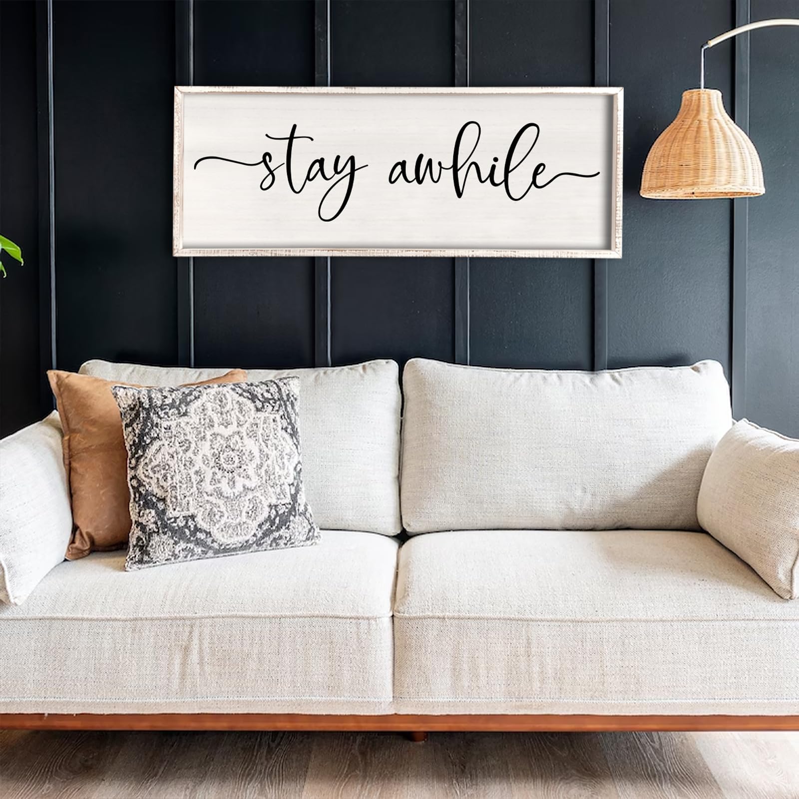 flowtorely Stay Awhile Sign Wall Decor 32"X12" Large Solid Wood Frame ...