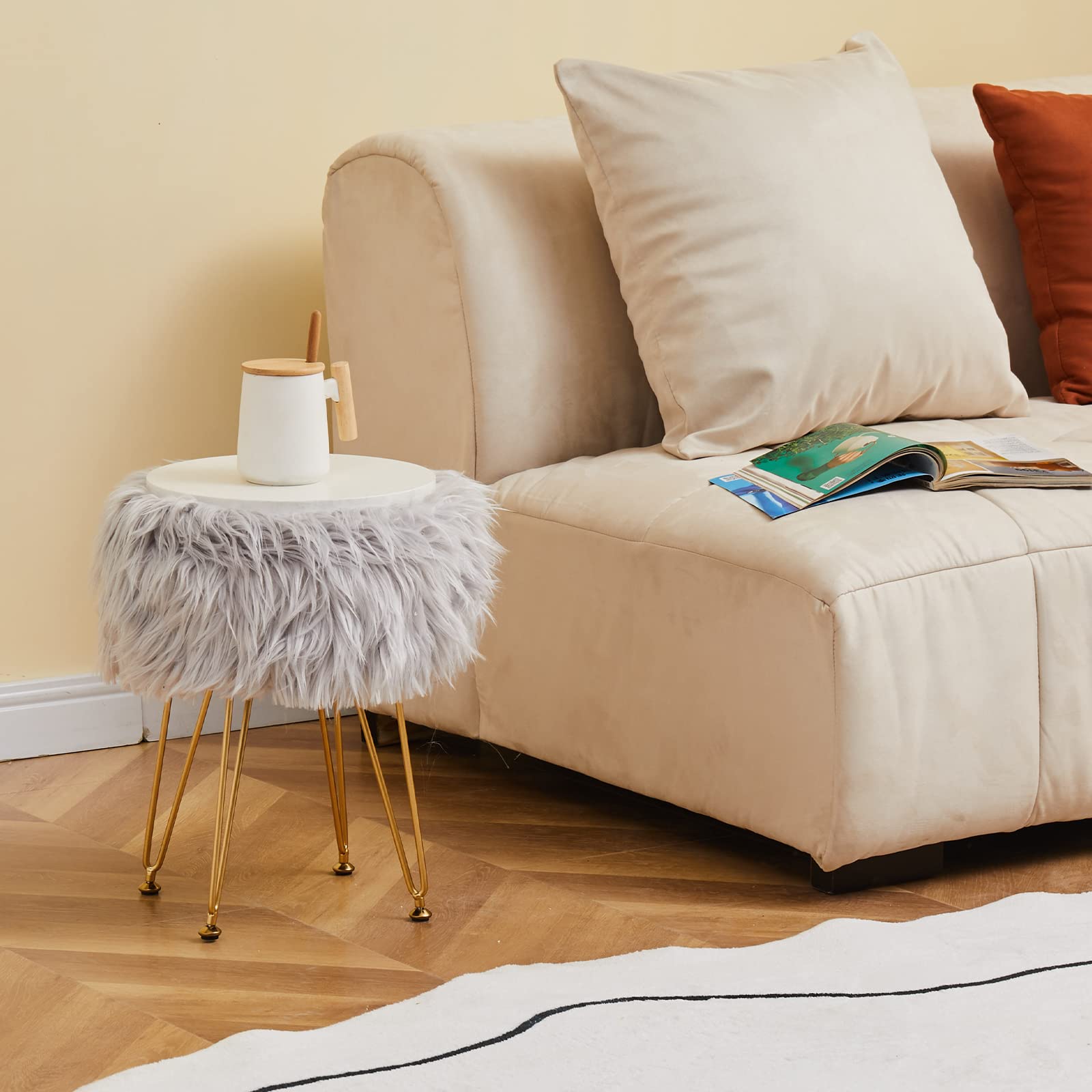 Mxfurhawa Faux Fur Storage Ottoman Round Furry Vanity Stool Marble ...