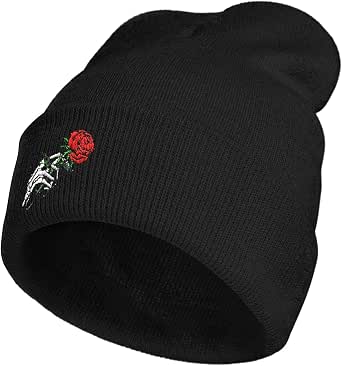 Amazon.com: YIEOFH Skeleton Skull Rose Embroidery Beanie Hat for Men ...