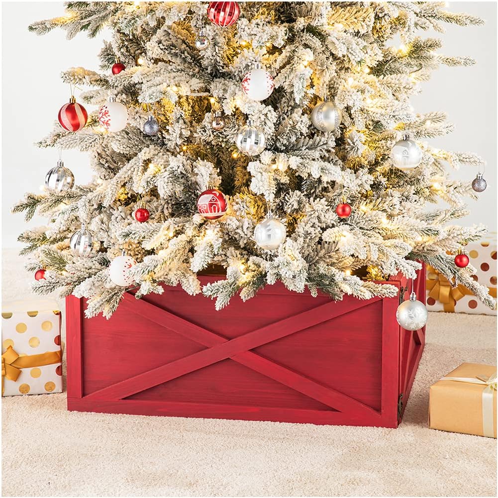 Amazon.com: Glitzhome 26" L Red Wooden Tree Collar Tree Stand Cover ...