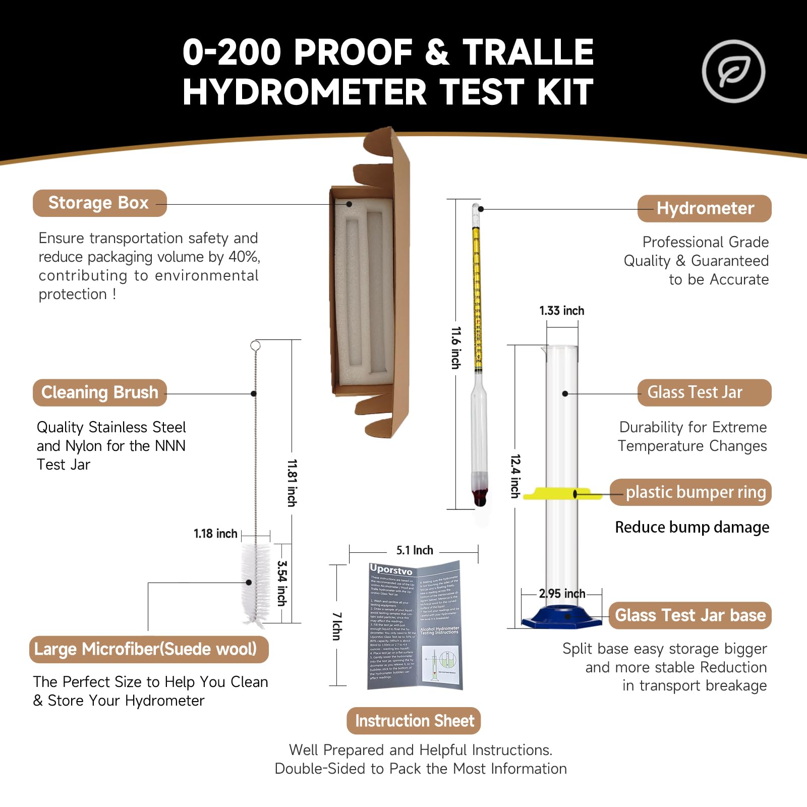 0-200 Proof & Tralle Alcohol Hydrometer Meter Test Kit,with Glass Test ...