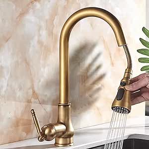 Antique Brass Kitchen Tap with Pull Out Spray, Kitchen Sink Tap Swivel ...