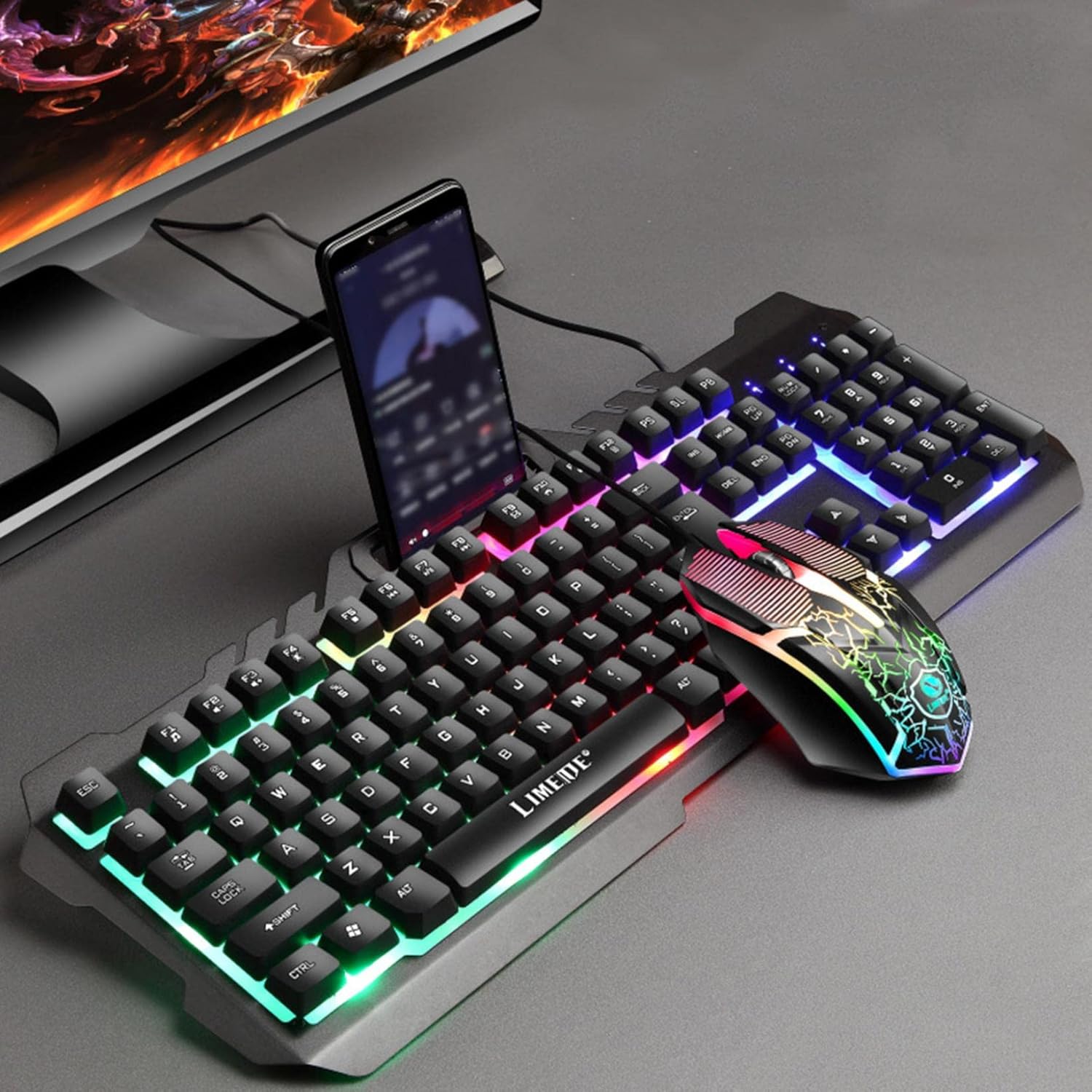T21 – Combo de teclado y mouse para juegos con cable USB membrana iluminada teclado colorido ...