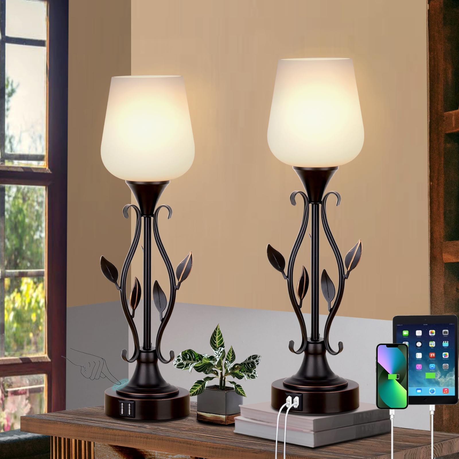 Torchiere Set of 2 Touch Lamps with USB Port Table Lamps for Bedrooms ...