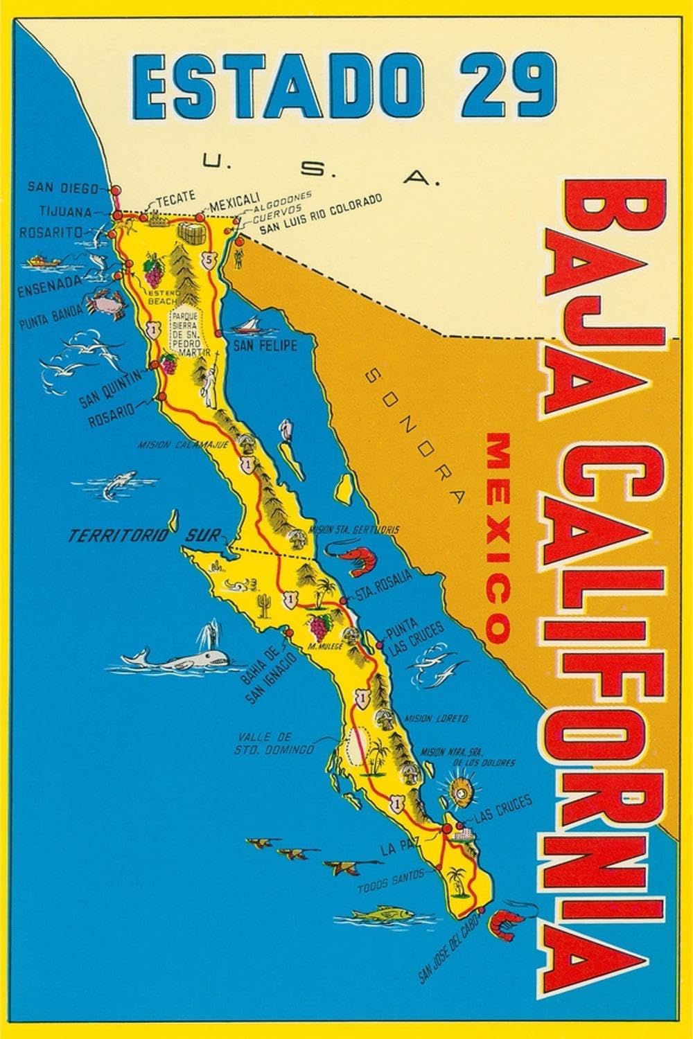 Amazon.com: ART.COM Wall Art Print Map of Baja California, Mexico, 12 ...