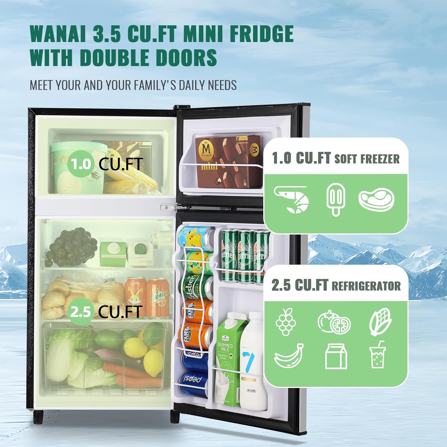 WANAI Mini refrigerador de doble puerta de 3.5 pies cúbicos con congelador, refrigerador ...