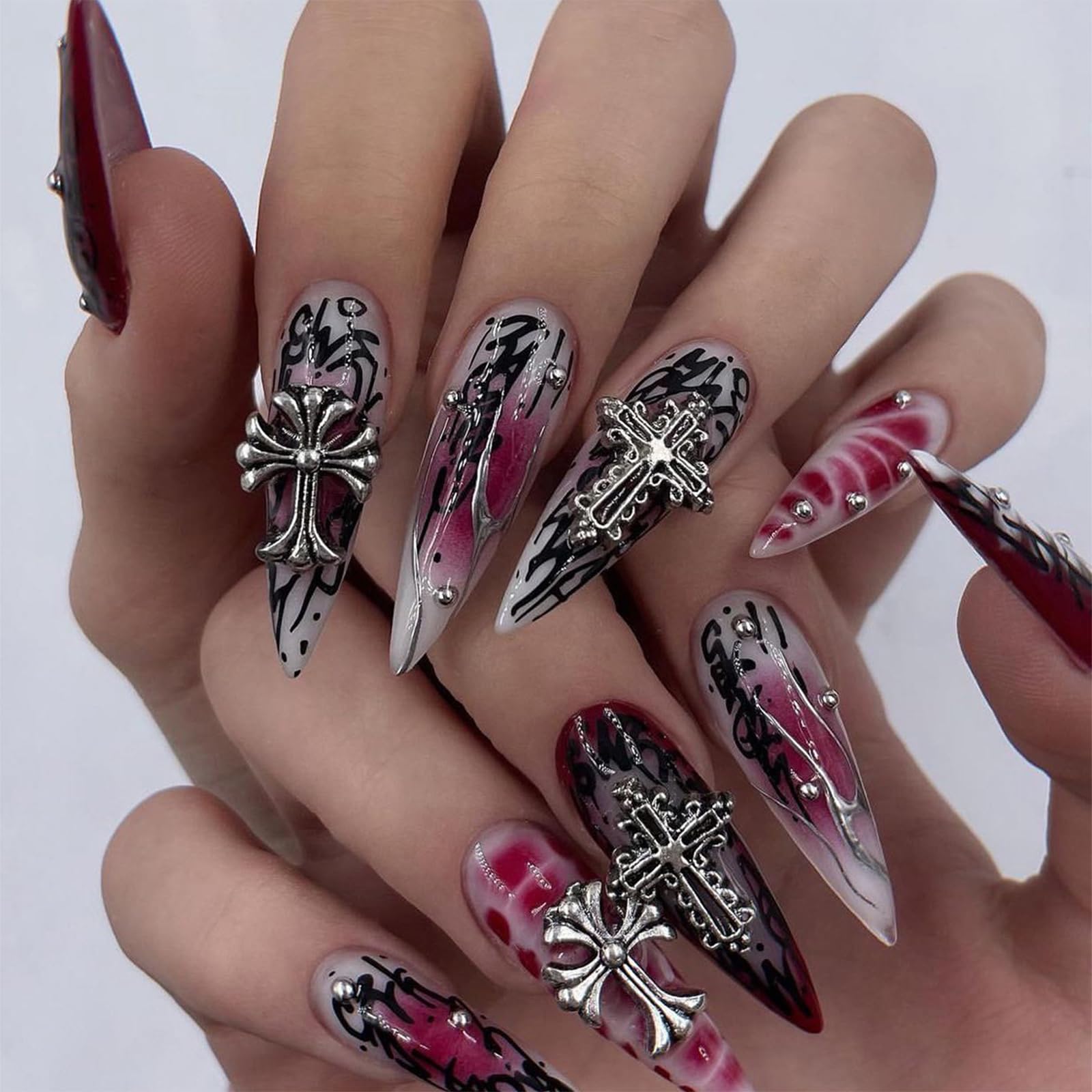 24pcs Long Stiletto False Nails Dark Red Black Stick on Nails Silver ...