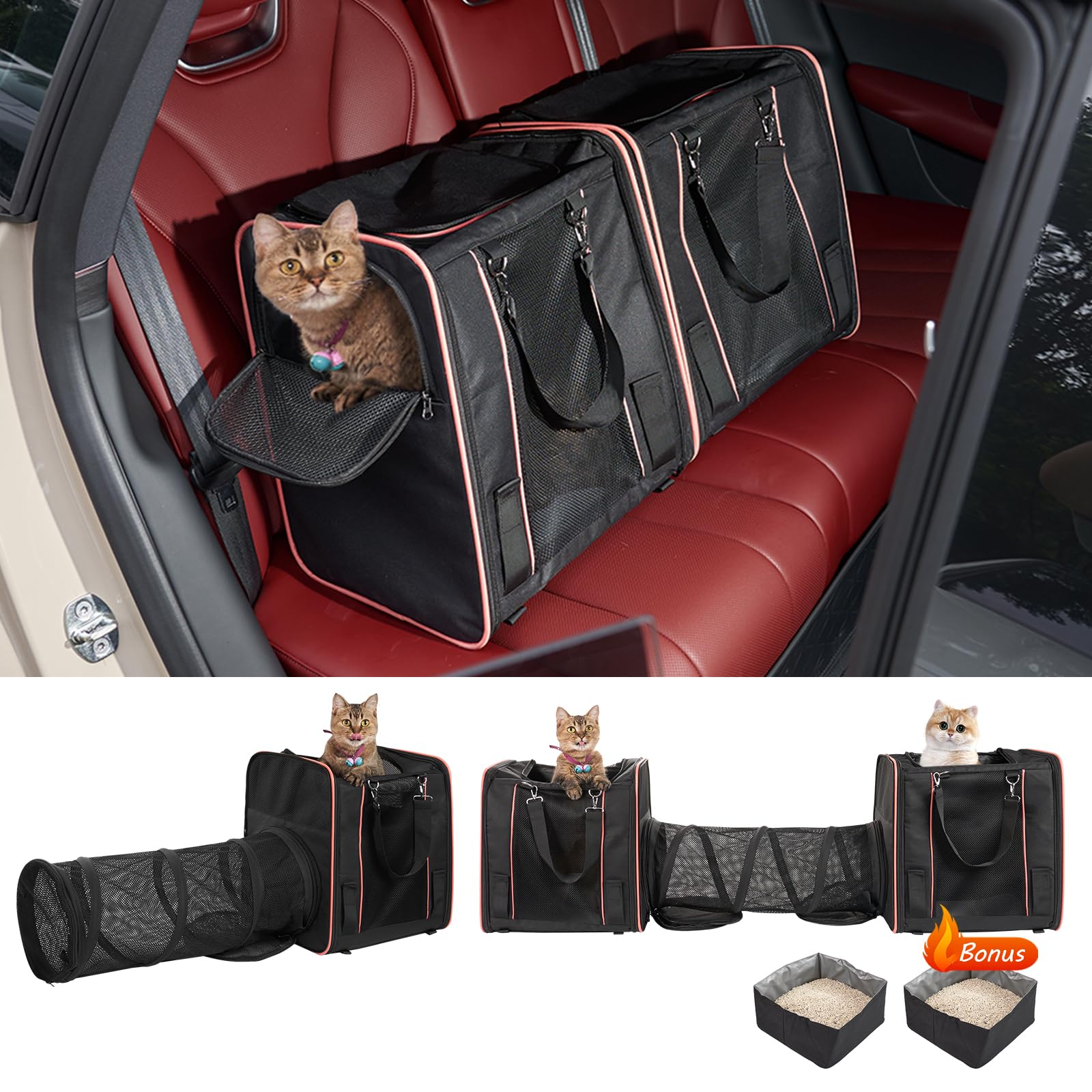 Amazon.com : Double Cat Carrier for 2 Large Cats with Litter Boxes, 3 ...