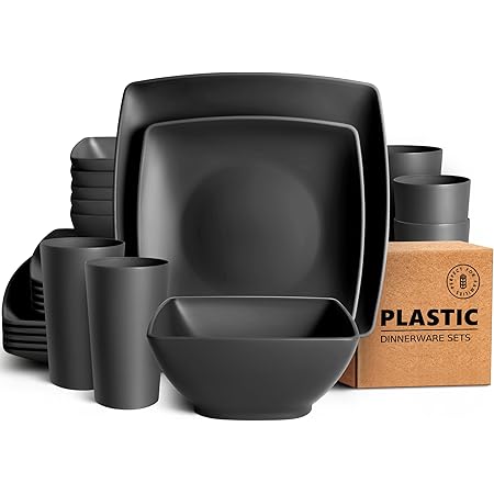 Teivio 24-Piece Kitchen Plastic Square Dinnerware Set, Service for 6 ...