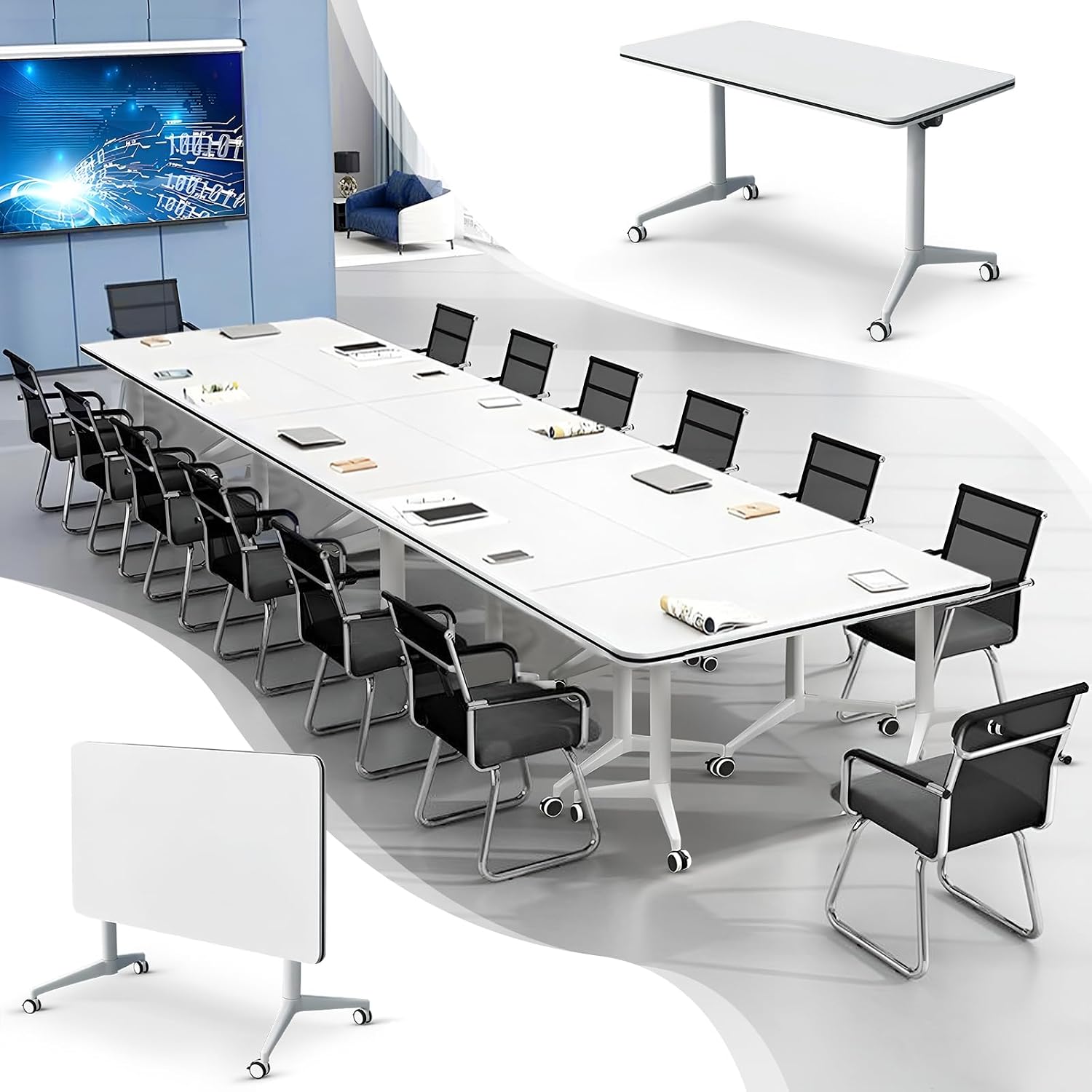 Folding White Flip Top Mobile Training Table with Silent Wheels，Modern ...