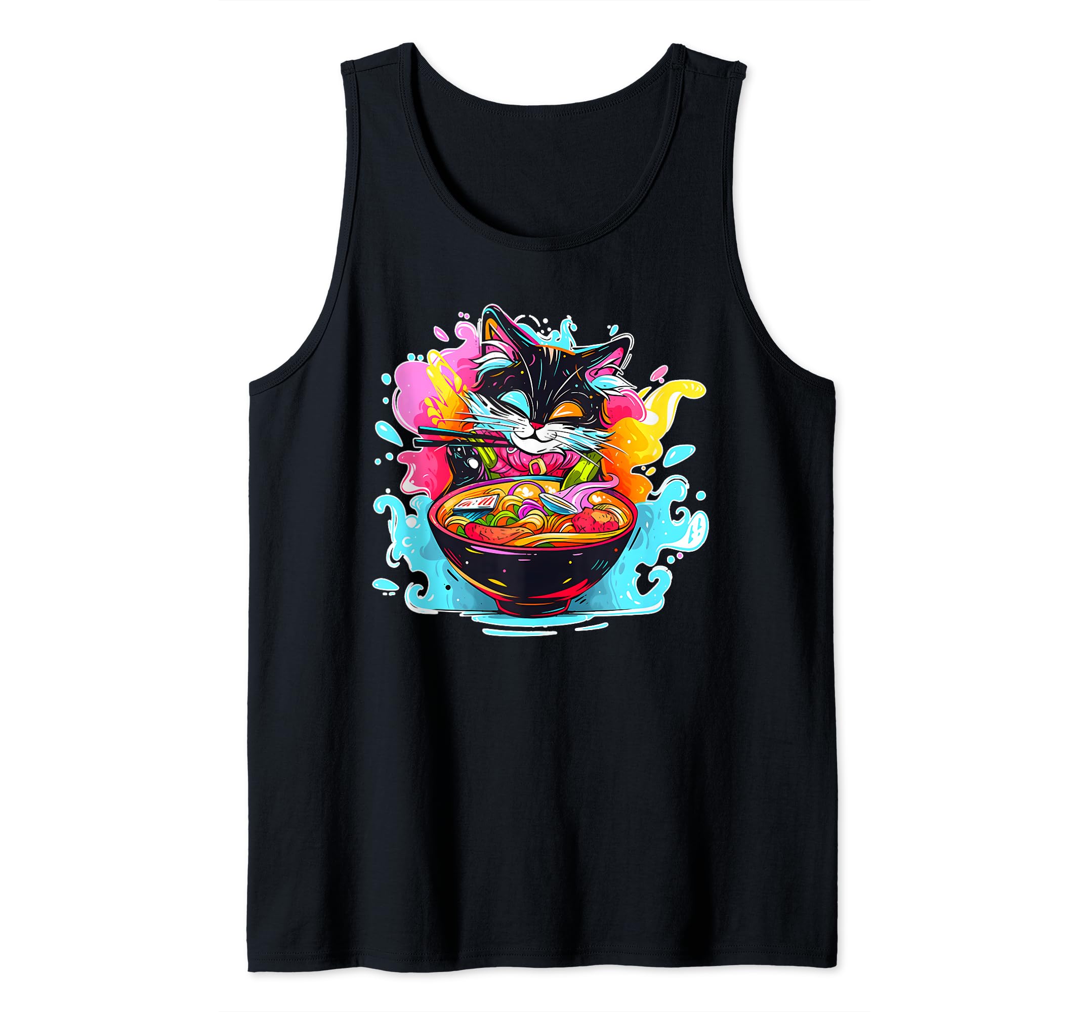 Amazon.com: Cute Playful Anime Cat Eating Bowl of Ramen Noodles Tank ...