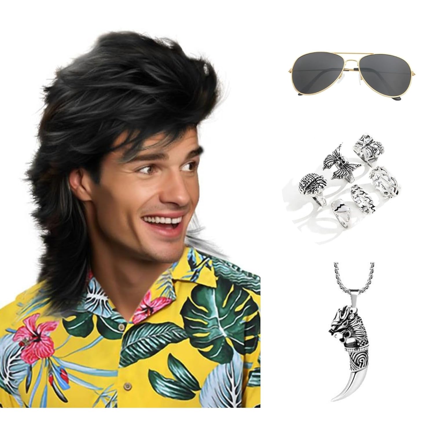 Amazon.com : Deifor Mullet Wigs Sets with Wolf Tooth Necklace and 6pcs ...