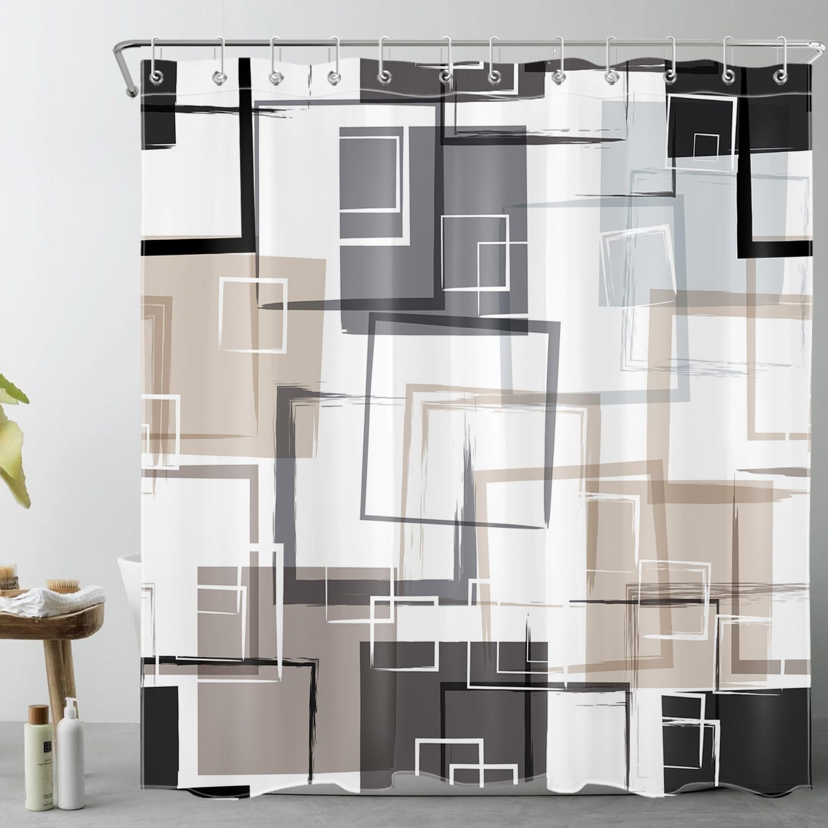 Amazon.com: HVEST Modern Geometric Shower Curtain Brown Black and White Abstract Geometric ...