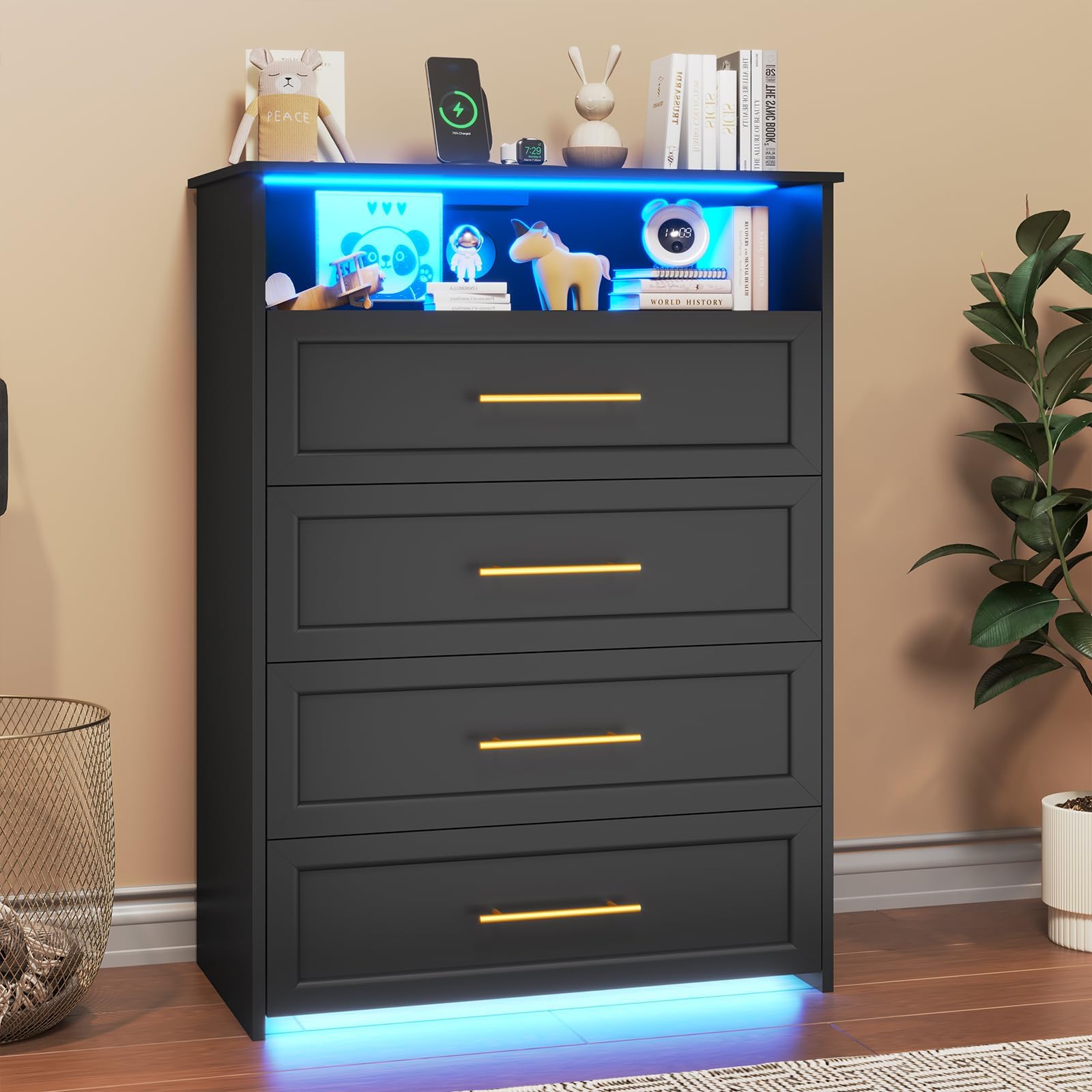 Amazon.com: Hasuit Black Dresser with Charging Station, 4 Drawers LED ...