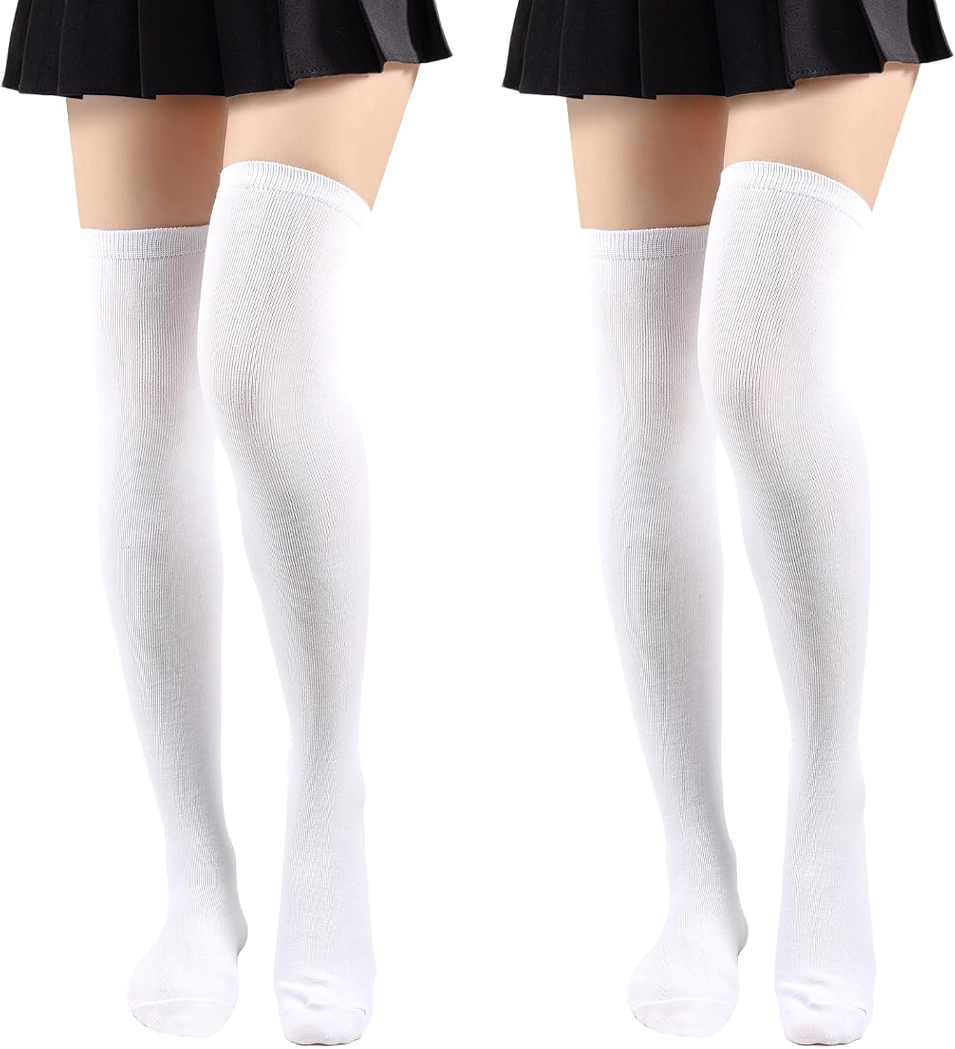 GROVL Over Knee Thigh High Socks, 2Pcs New White Long Socks Ladies Girls Plain Cotton Boot ...