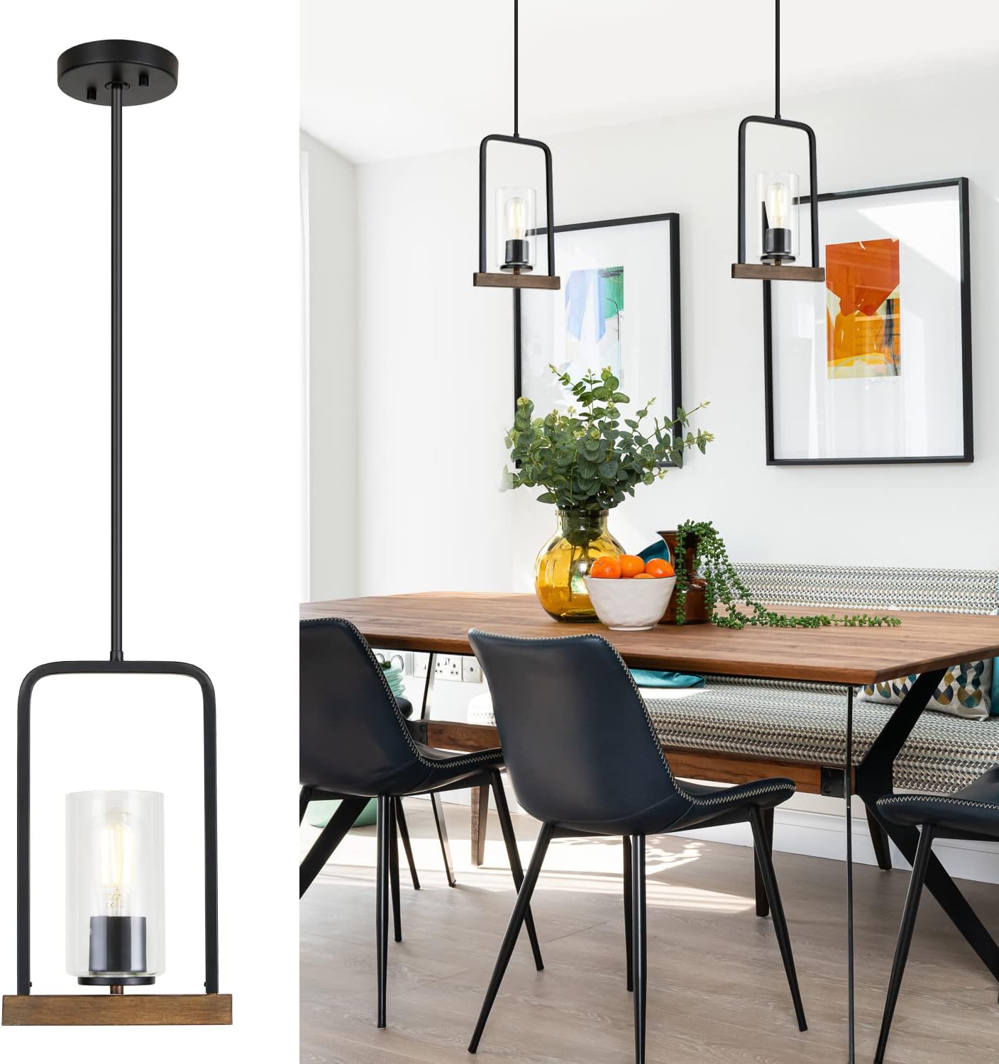 New Rayshion 1-Light Black Iron Square Metal Frame Pendant Light,Mini ...