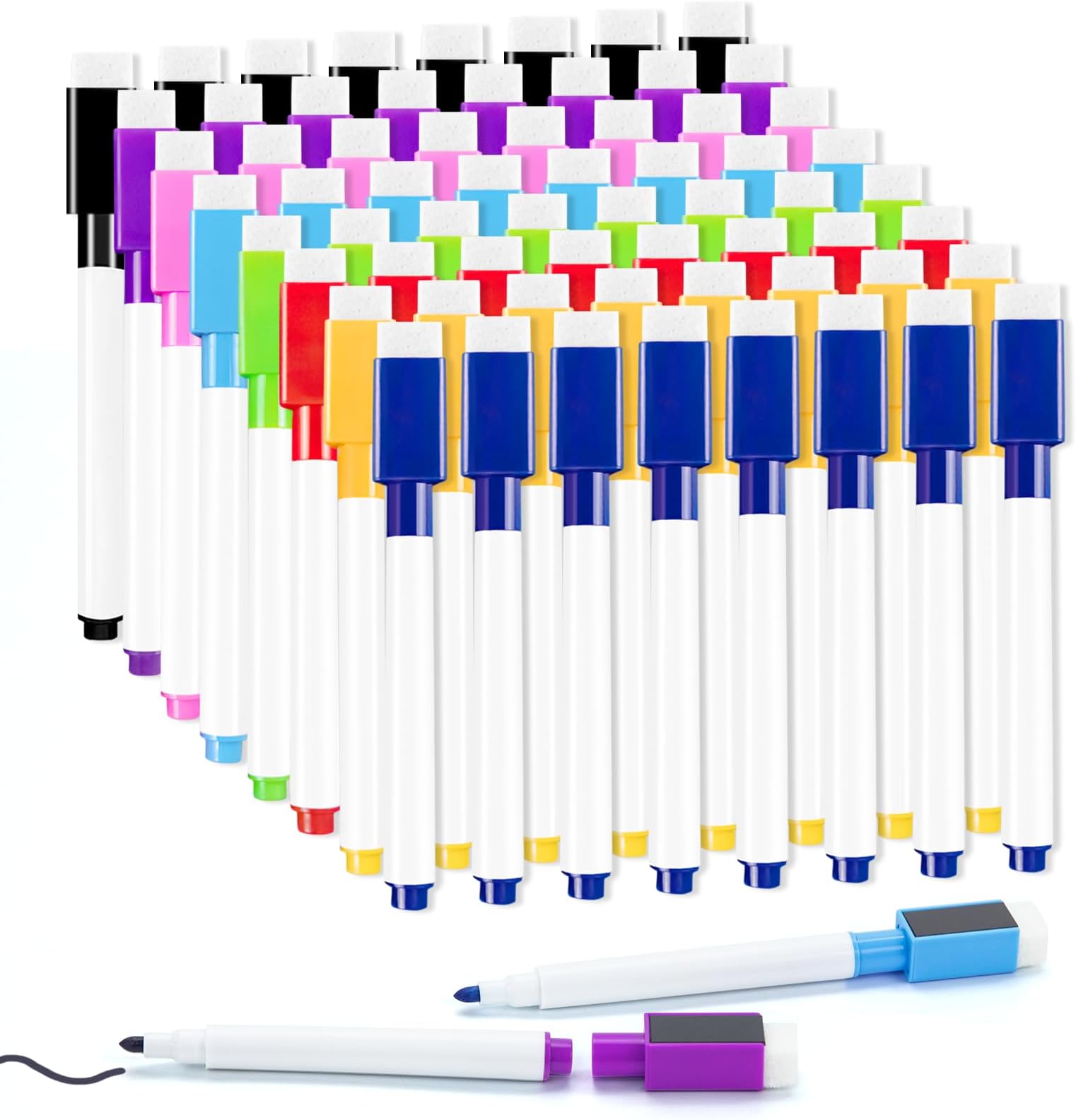JEFURE 50 Pcs Colorful Magnetic Dry Erase Markers with Eraser Cap ...