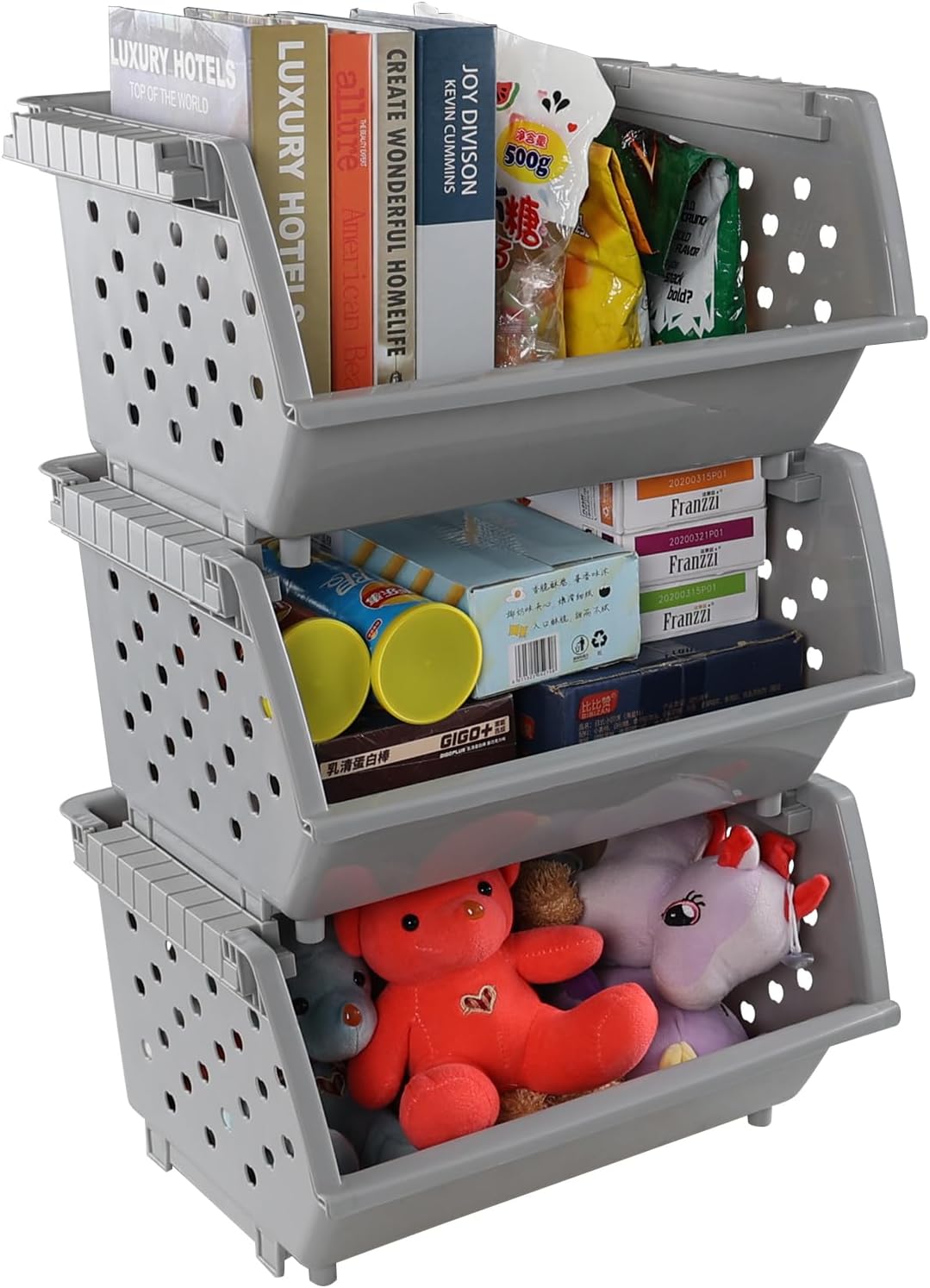 Amazon.com: Begale 3-Pack Gray Plastic Stackable Detachable Storage Bin ...