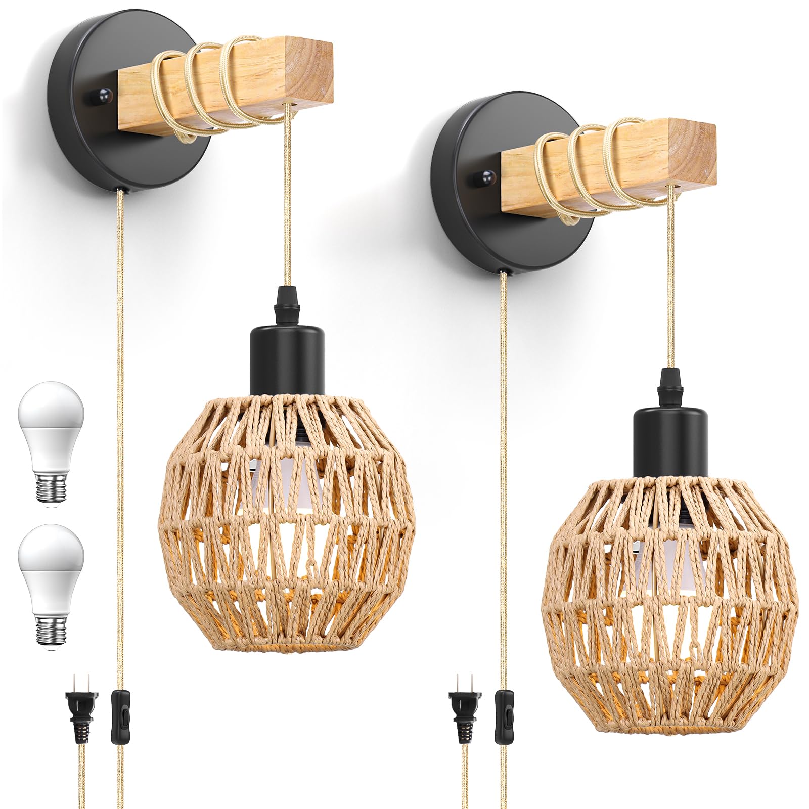 CRIRY Farmhouse Rattan Wall Sconces Set of Two Plug in, Boho Plug in ...