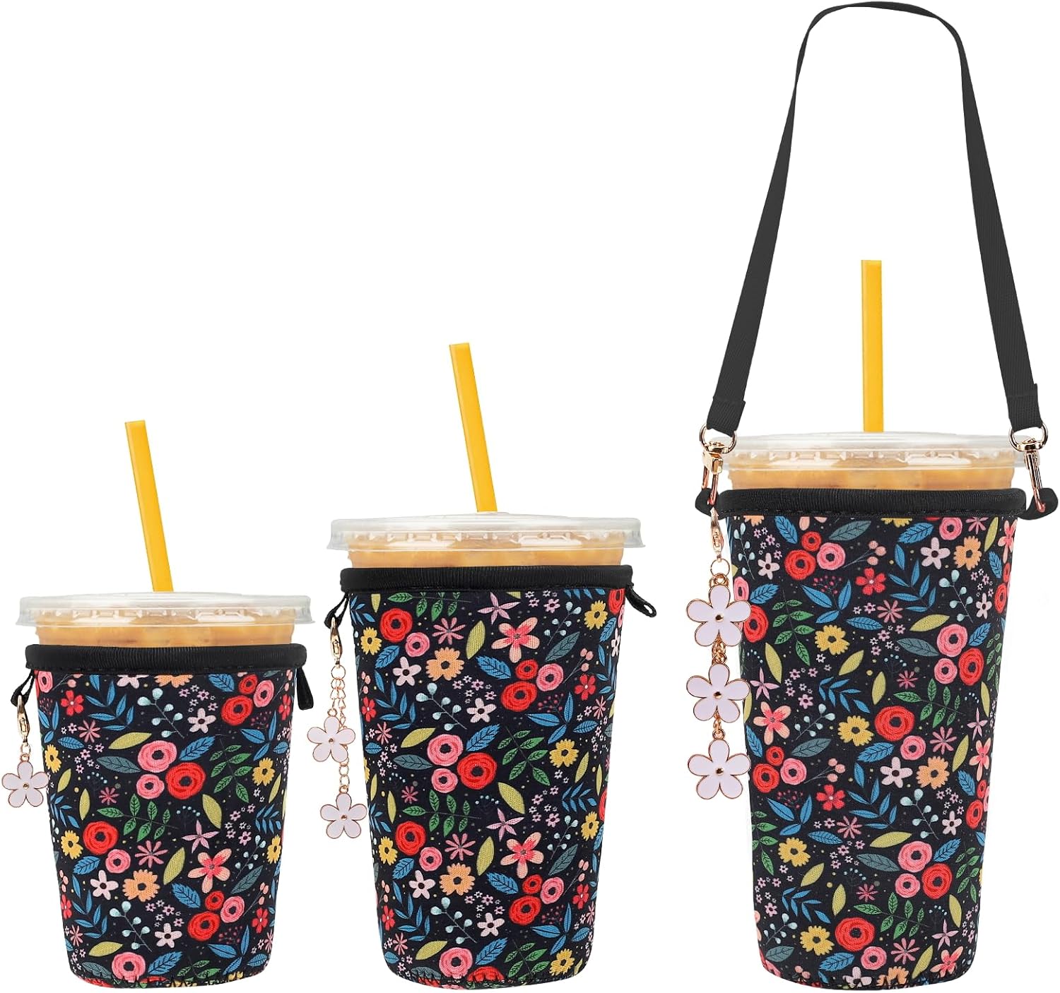 Amazon.com: 3PC Reusable Neoprene Iced Coffee Sleeve with Strap ...
