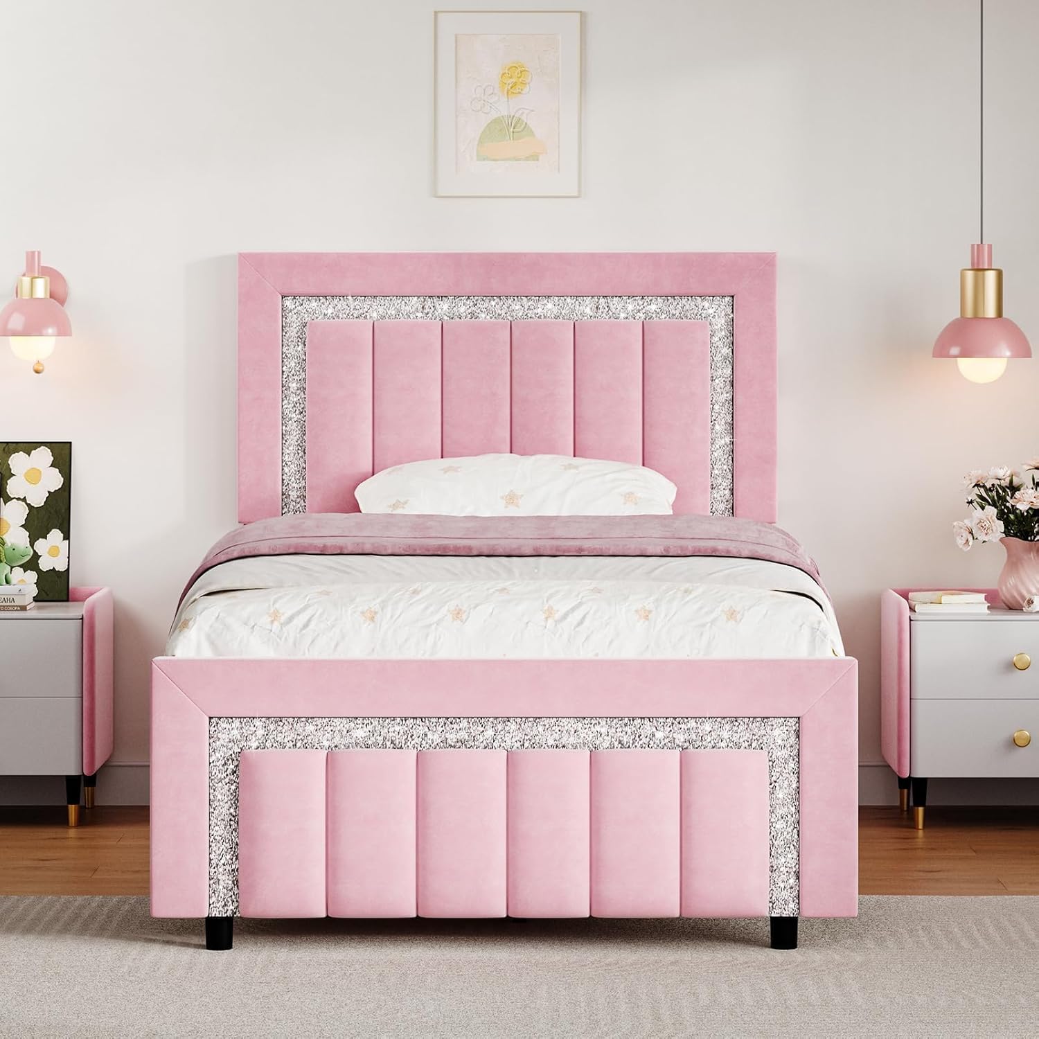 Amazon.com: HOMBCK Twin Bed Frame with Headboard, Pink Velvet ...