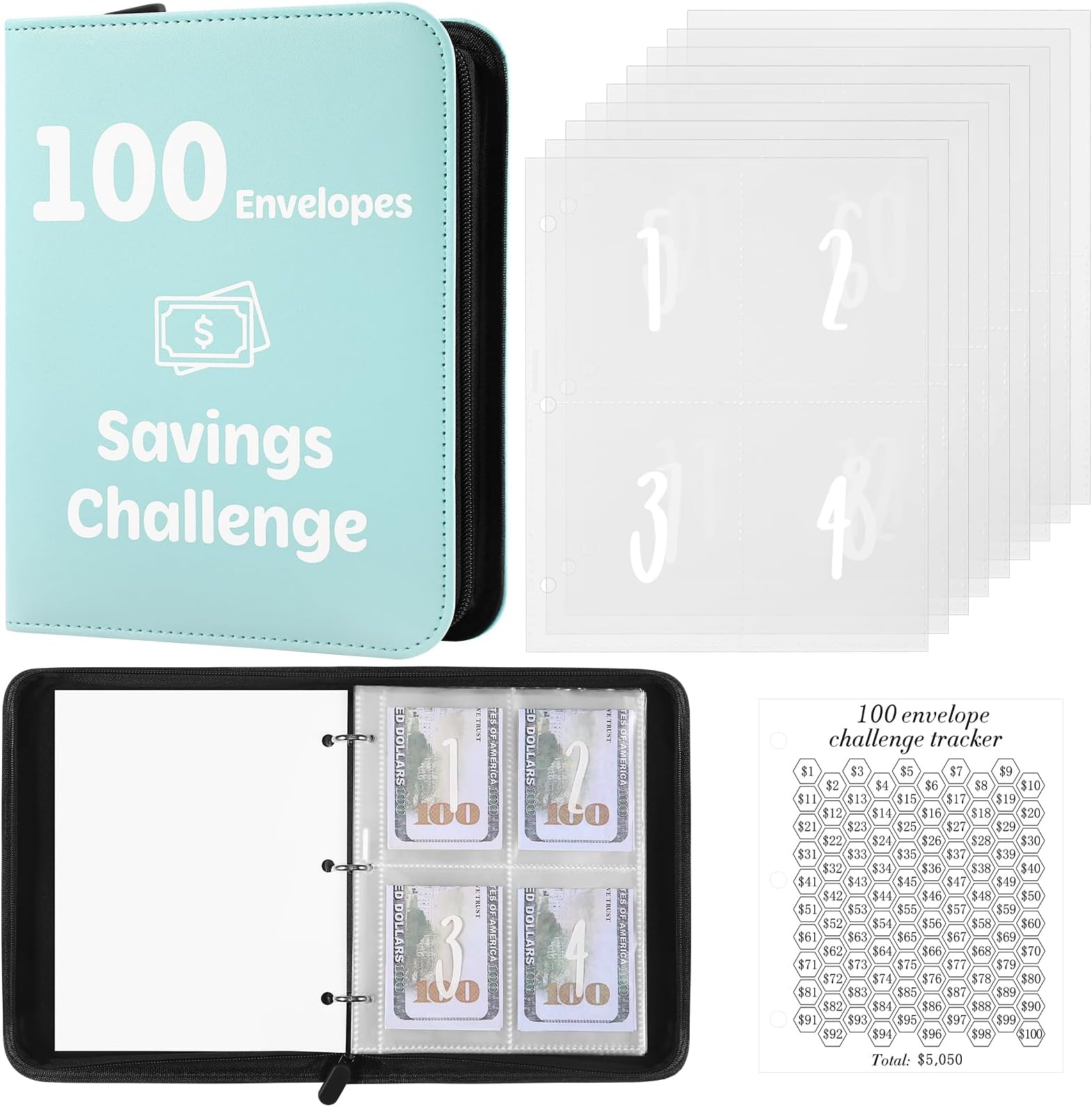 100 Envelopes Saving Challenge Binder with Laminated Tracker, Saving ...