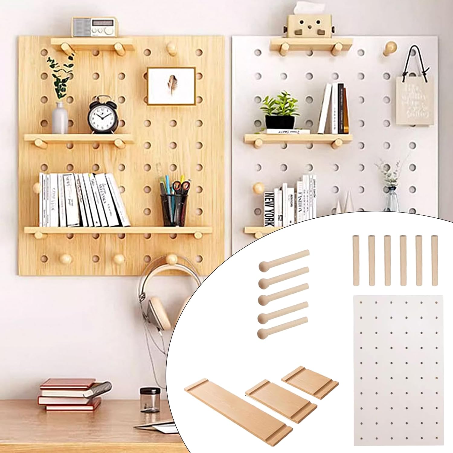 Amazon.com: Peg Boards for Walls with Shelf & Hooks, Wood Pegboard ...
