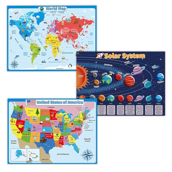 Buy 3 Pack World Map Poster, USA Map, Solar System Posters for Kids ...