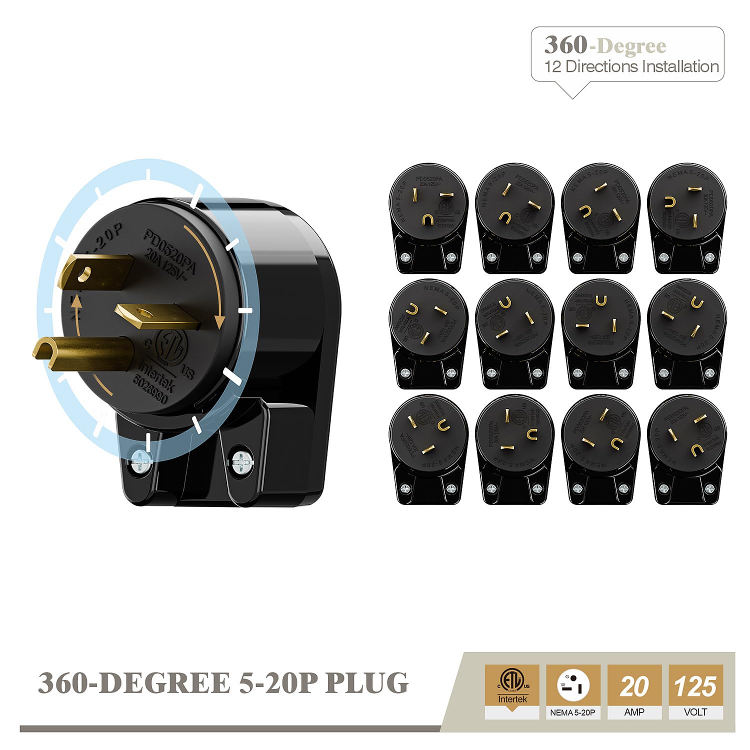 Snapklik.com : USA 3-Prong Male AC Plug, Right Angle ETL Nema 5-20P 3 ...