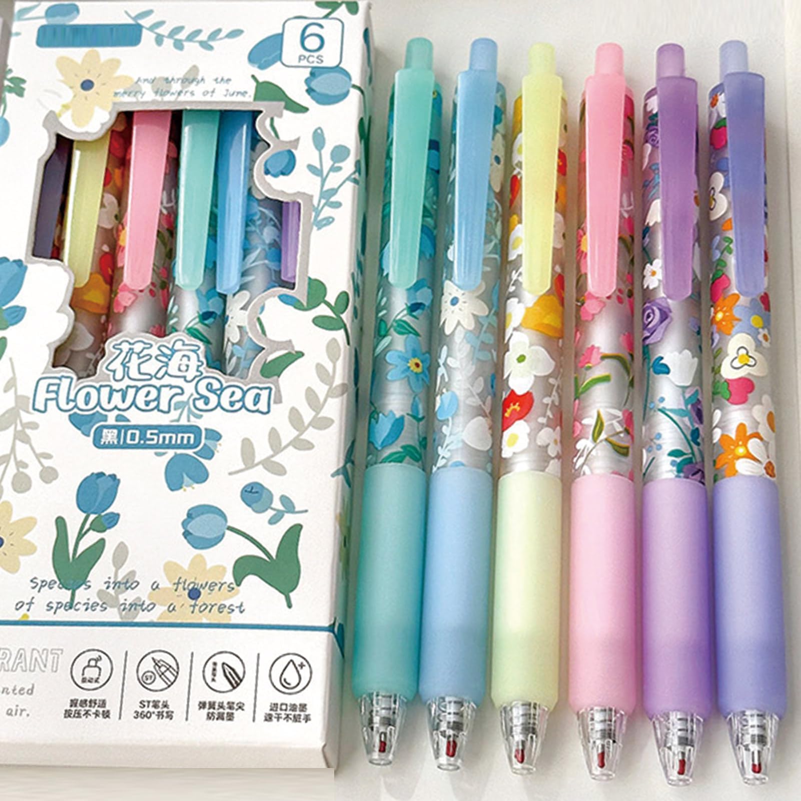 Amazon.com: 1000Art 6 Pcs Floral Pens Pink Cute Pens Black Ink 0.5mm ...