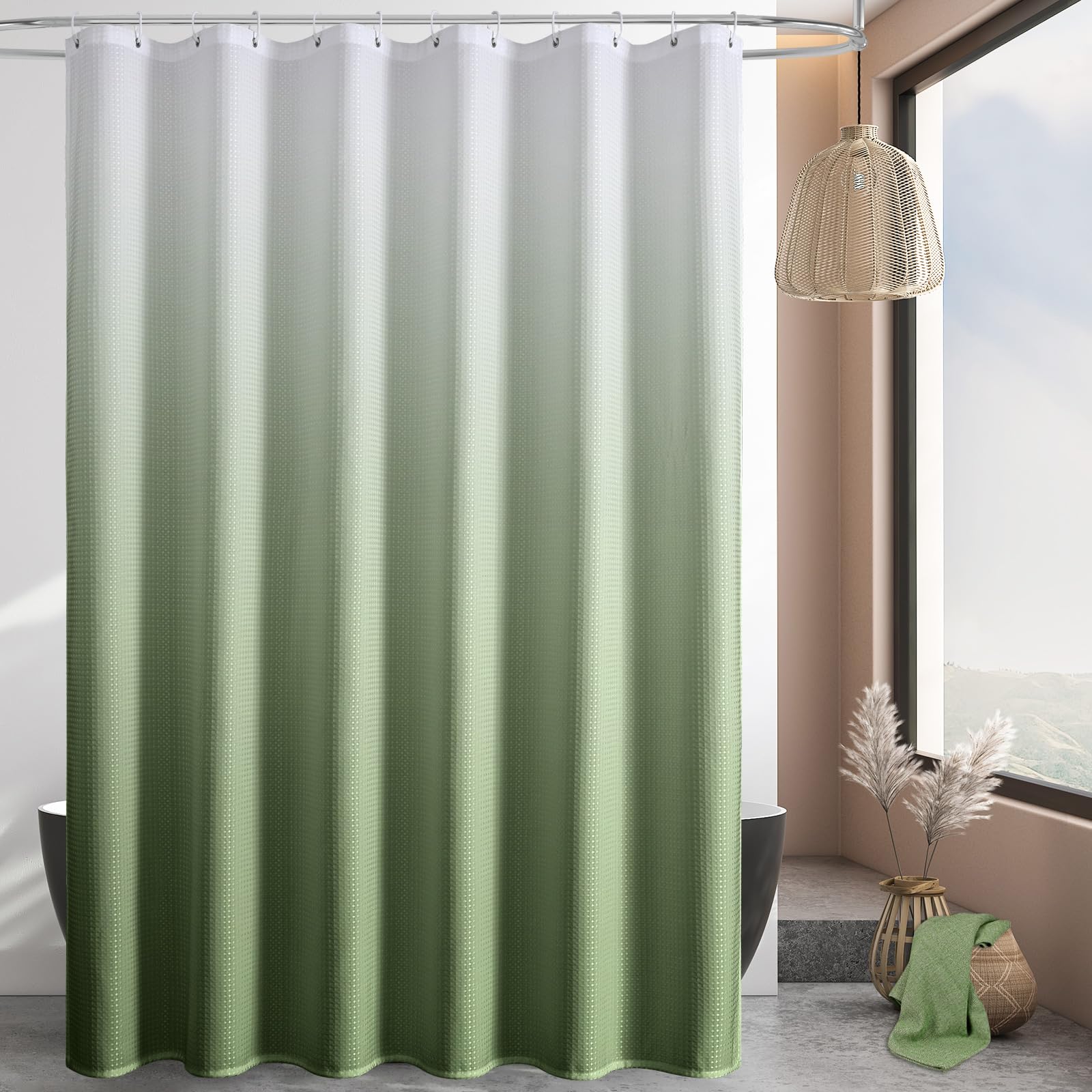 Amazon.com: MitoVilla Sage Green Ombre Waffle Fabric Shower Curtain ...