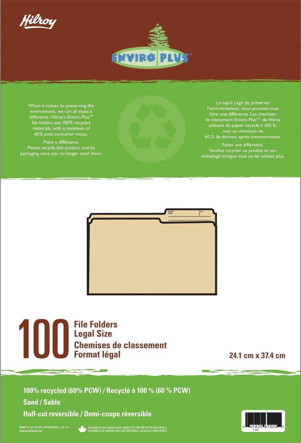 Hilroy Enviro-Plus Recycled File Folders, Legal Size, 100 Per Box, Sand ...