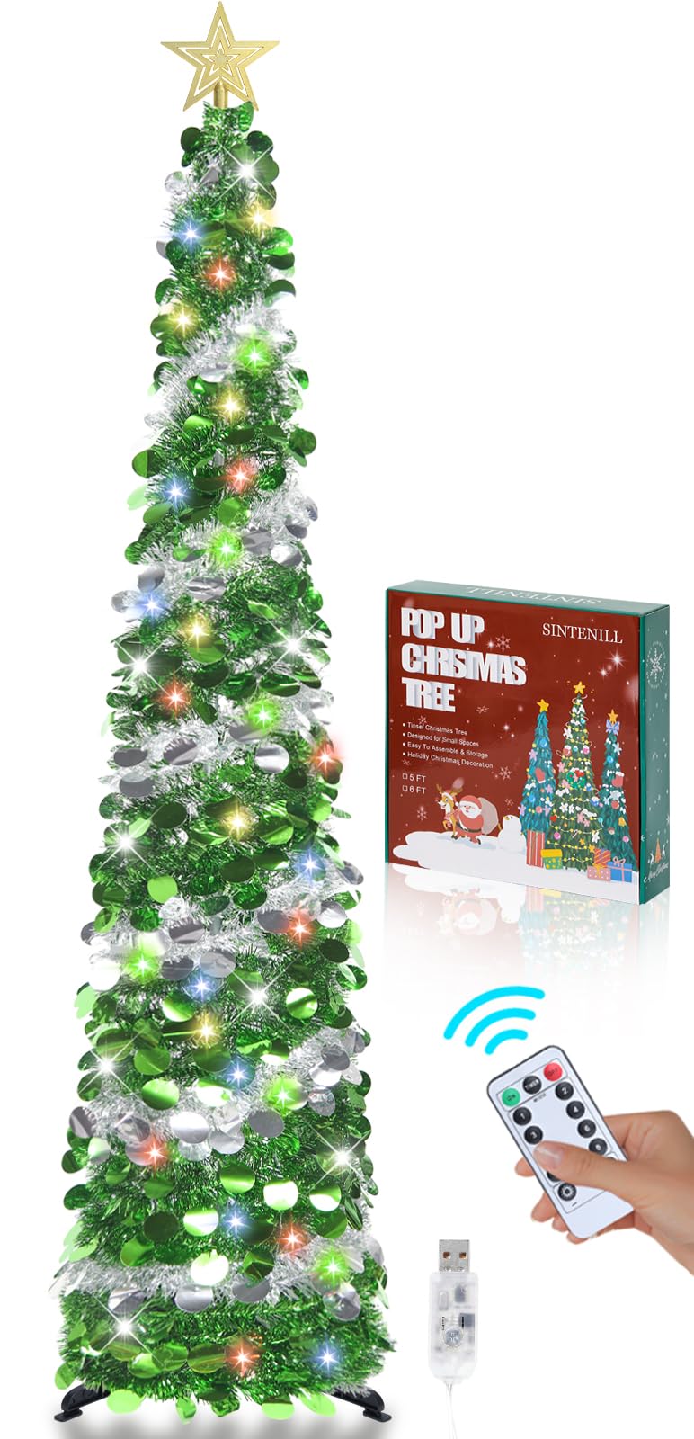 SINTENILL 6 FT Pop Up Christmas Tree with Timer Colored Lights, Dual ...
