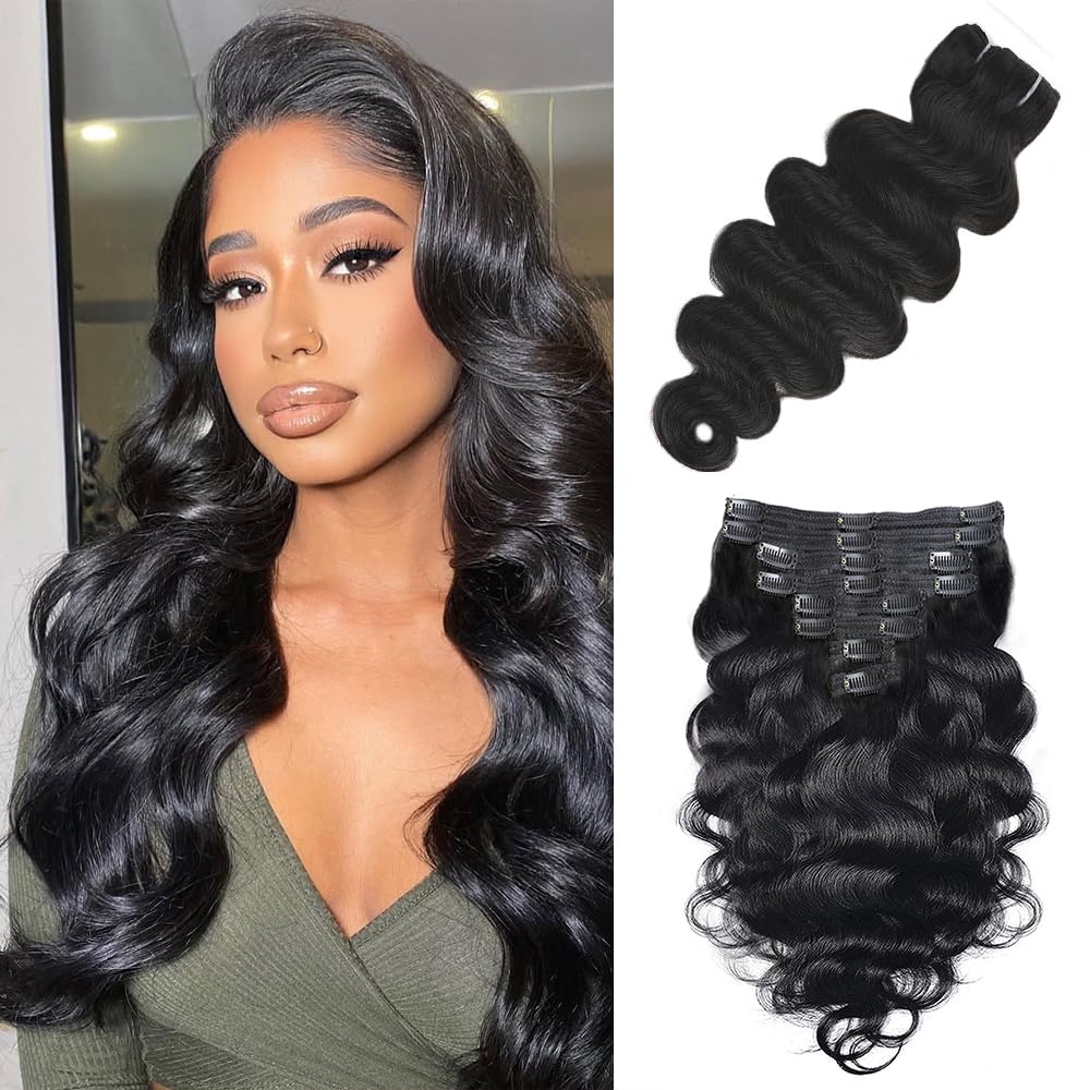 Amazon.com : 15A Body Wave Clip In Hair Extensions Real Human Hair ...