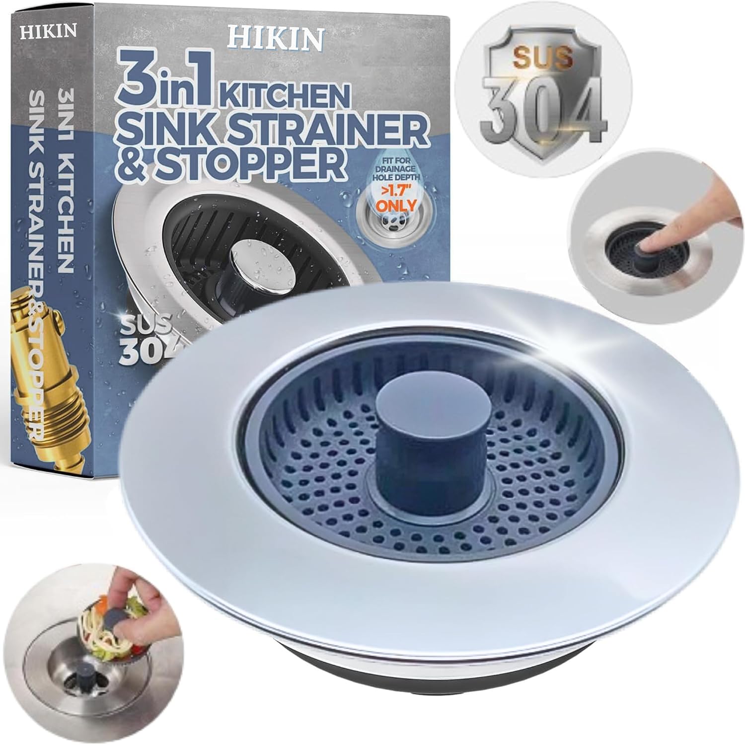 HIKIN SUPERMARKET™ Stainless Steel Kitchen Sink Strainer (3 in 1 Push ...