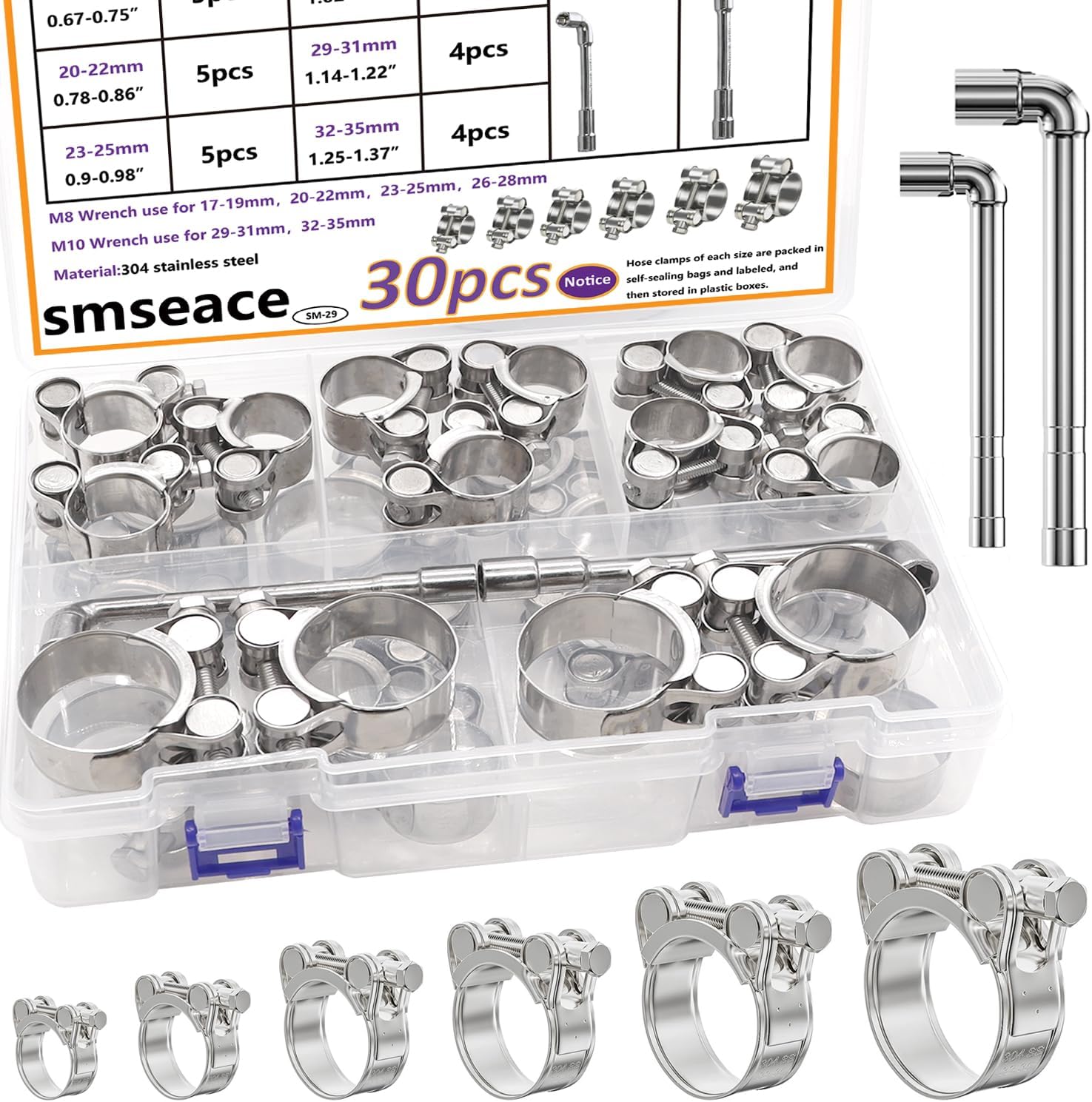 Amazon.com: smseace 30pcs 6-sizes 304 Stainless Steel T-bolt Hose ...