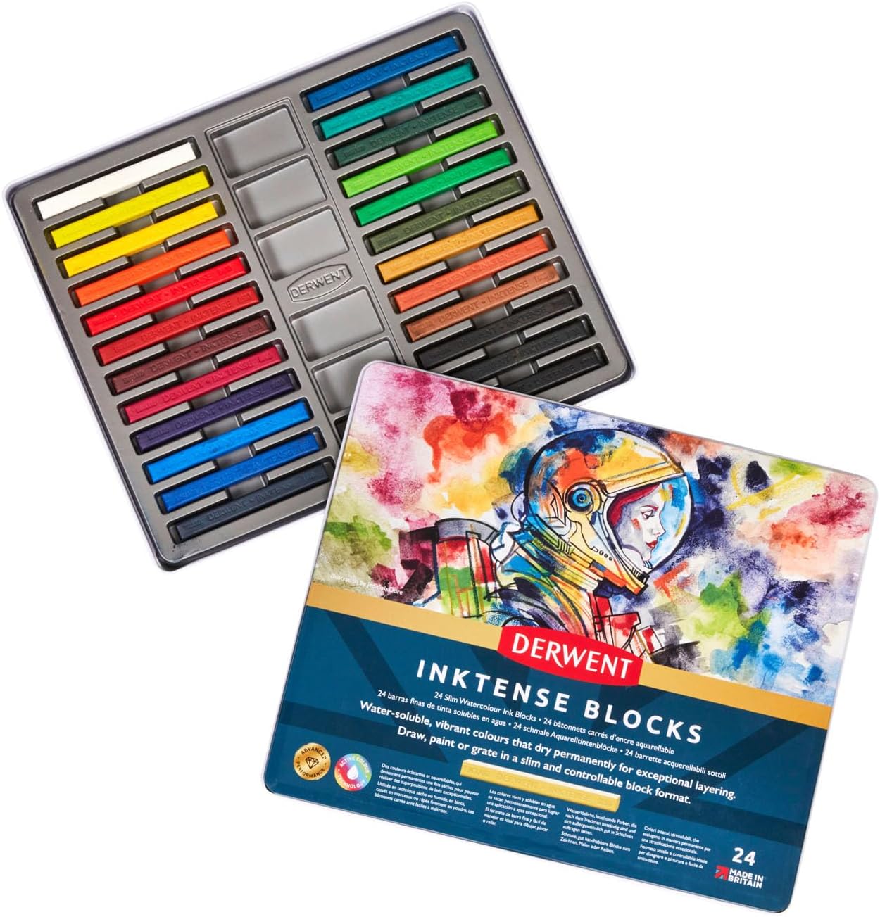 Derwent Inktense Blocks 24 Tin, Set of 24 Water-Colours, 8mm Block ...