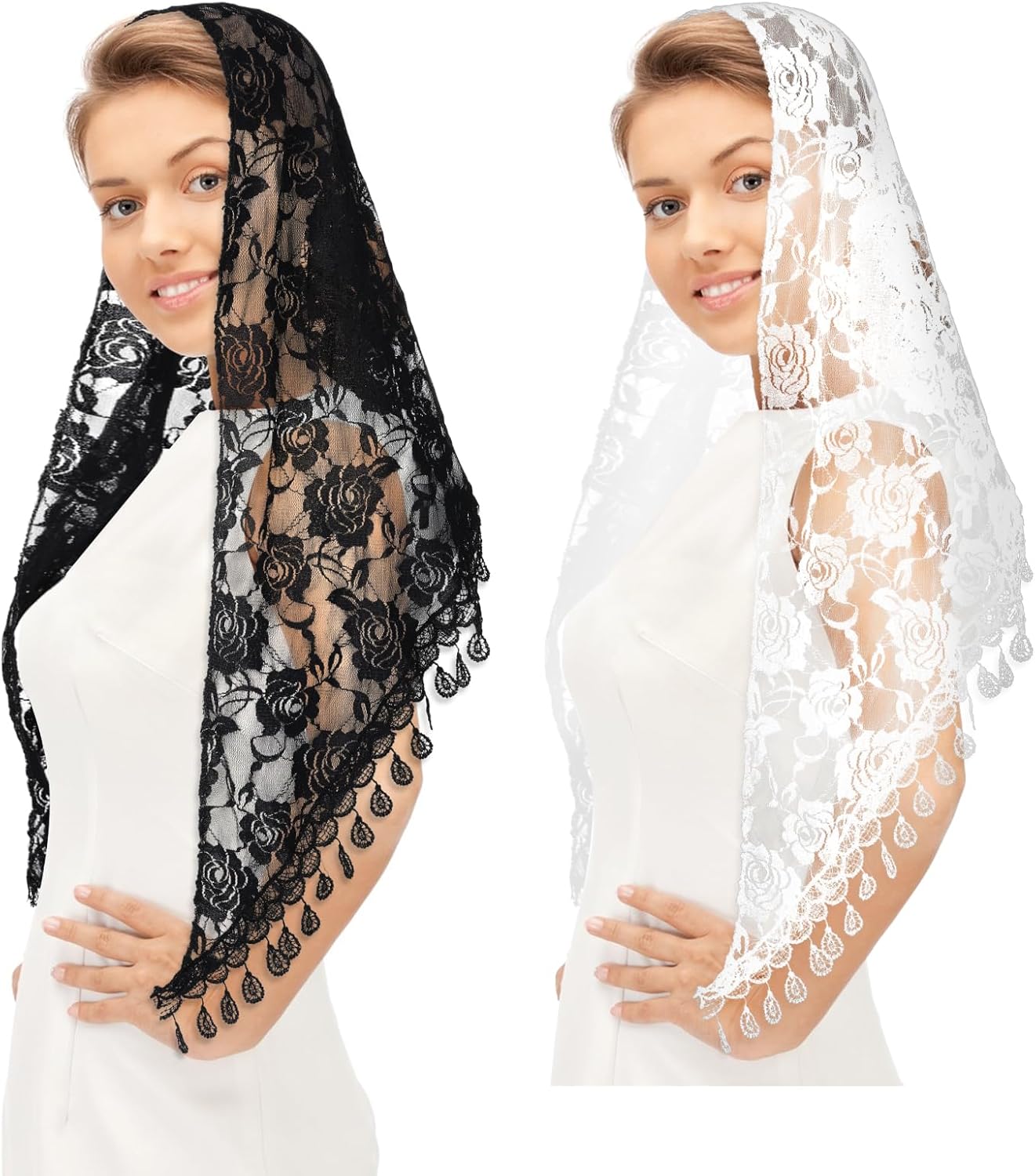Lnngub 2 Pcs Lace Veil Mass Veil Triangle Mantilla Veil Catholic Veils for Women Mass Cathedral ...