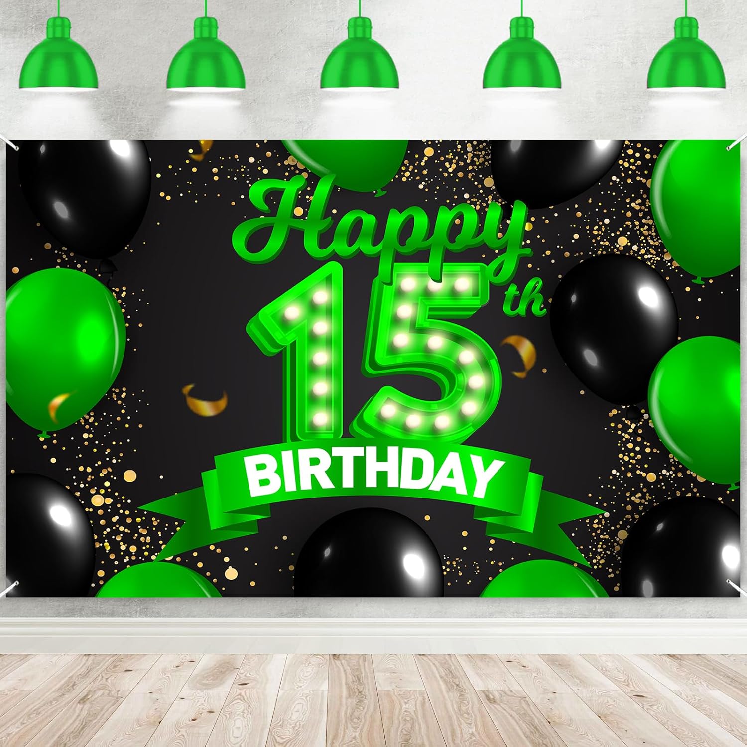 Amazon.com: Happy 15th Birthday Green and Black Banner Backdrop Cheers ...