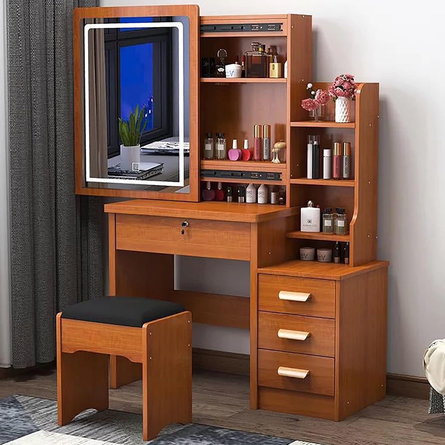 Large Vanity Desk Set with Sliding Lighted Mirror, 3 Color Lighting ...