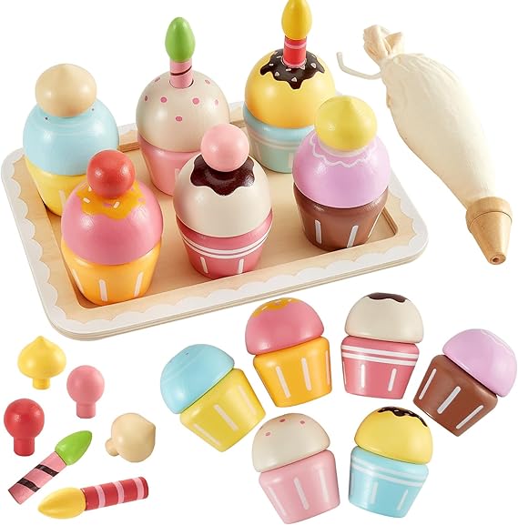 Amazon.com: HERSITY Wooden Cupcakes Toys Pretend Play Food Desserts ...