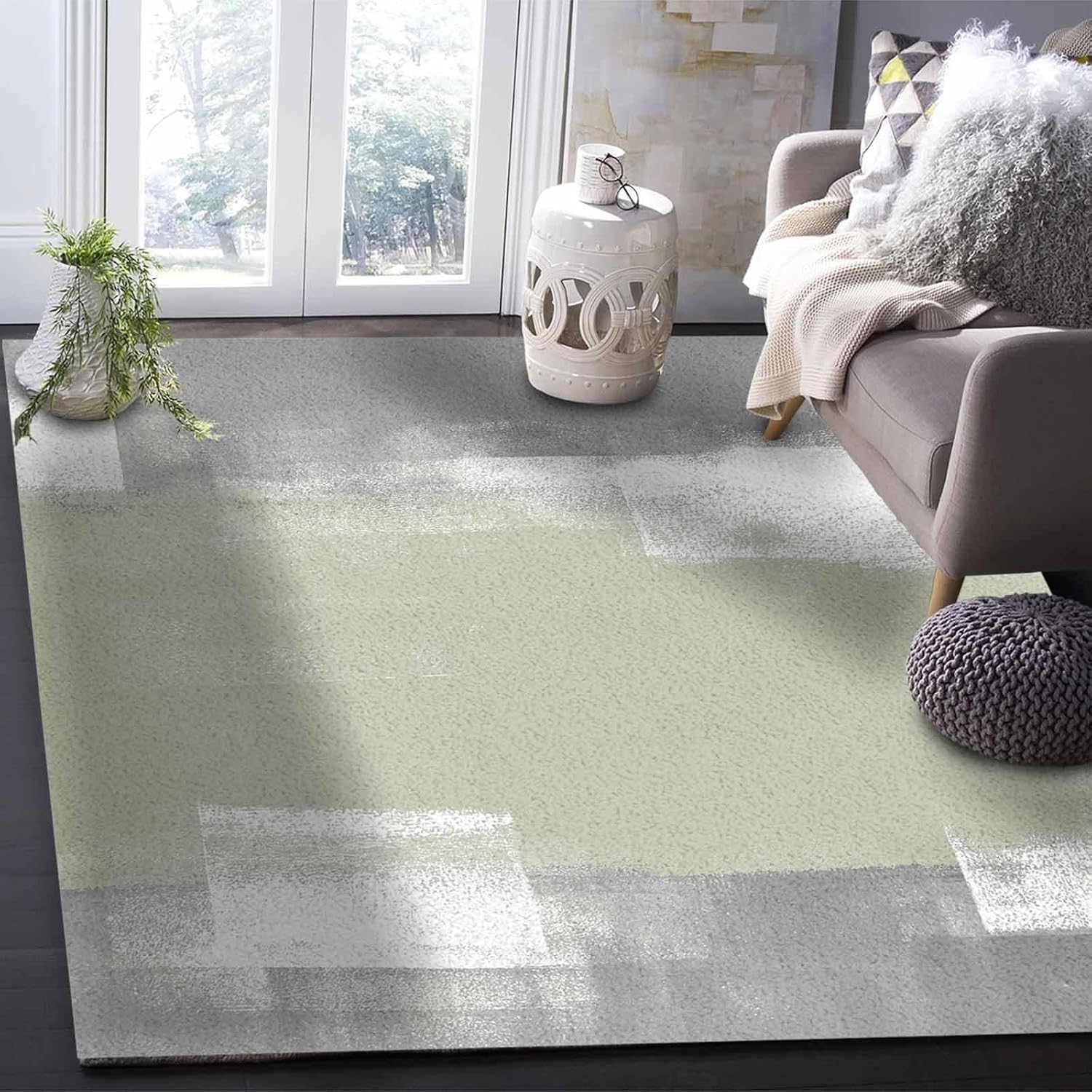 Modern Minimalist Grey Sage Green Area Rug, Gray White Splicing ...