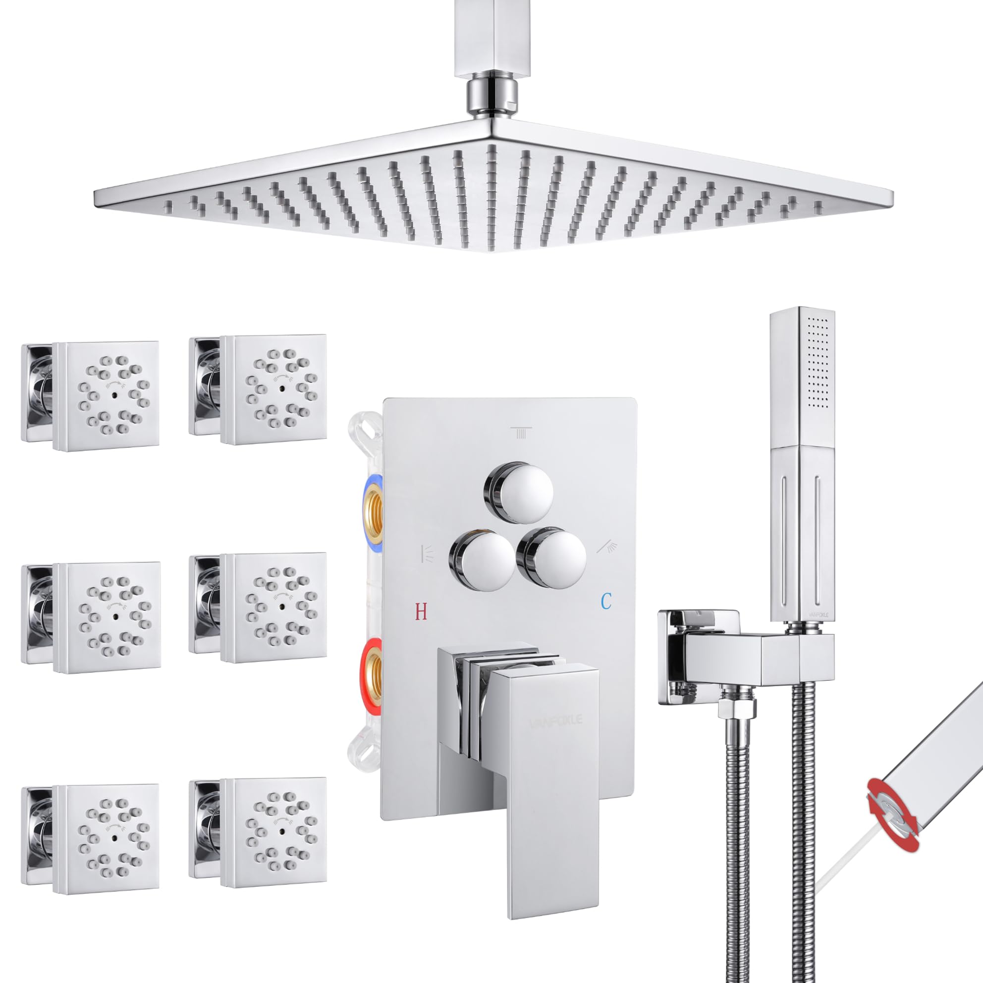 Snapklik.com : VANFOXLE Shower Faucet Set Chrome Shower System,Push Button Diverter Shower Faucet